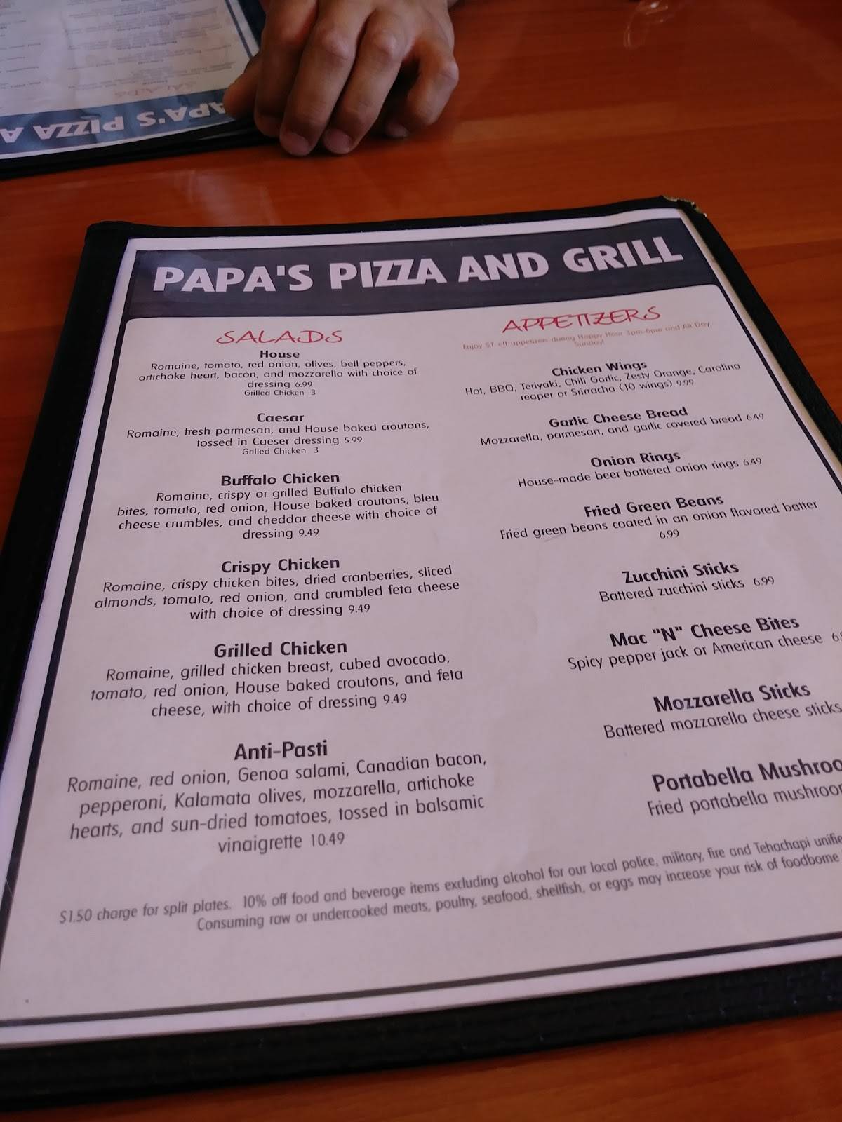 Menu at Papa’s House pizzeria, Tehachapi