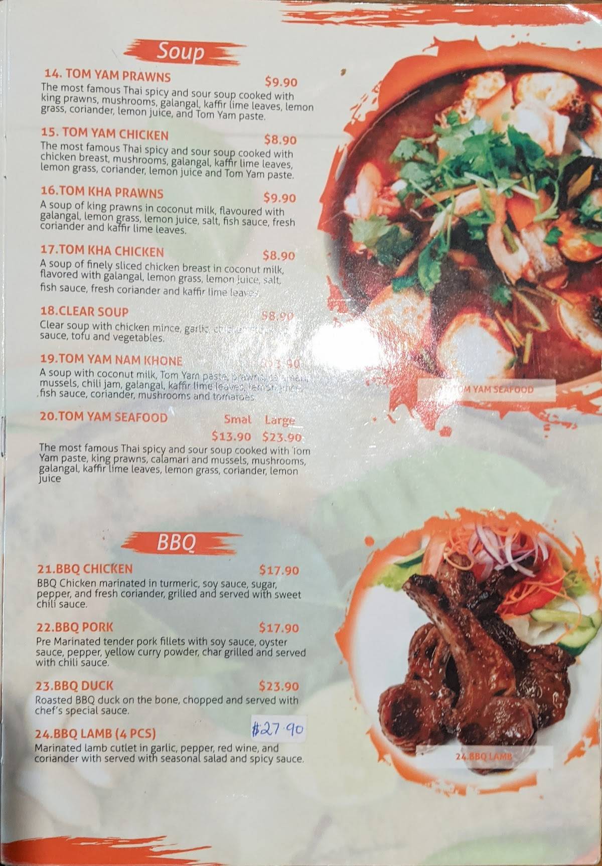 Menu at Orso Thai restaurant, Stanthorpe