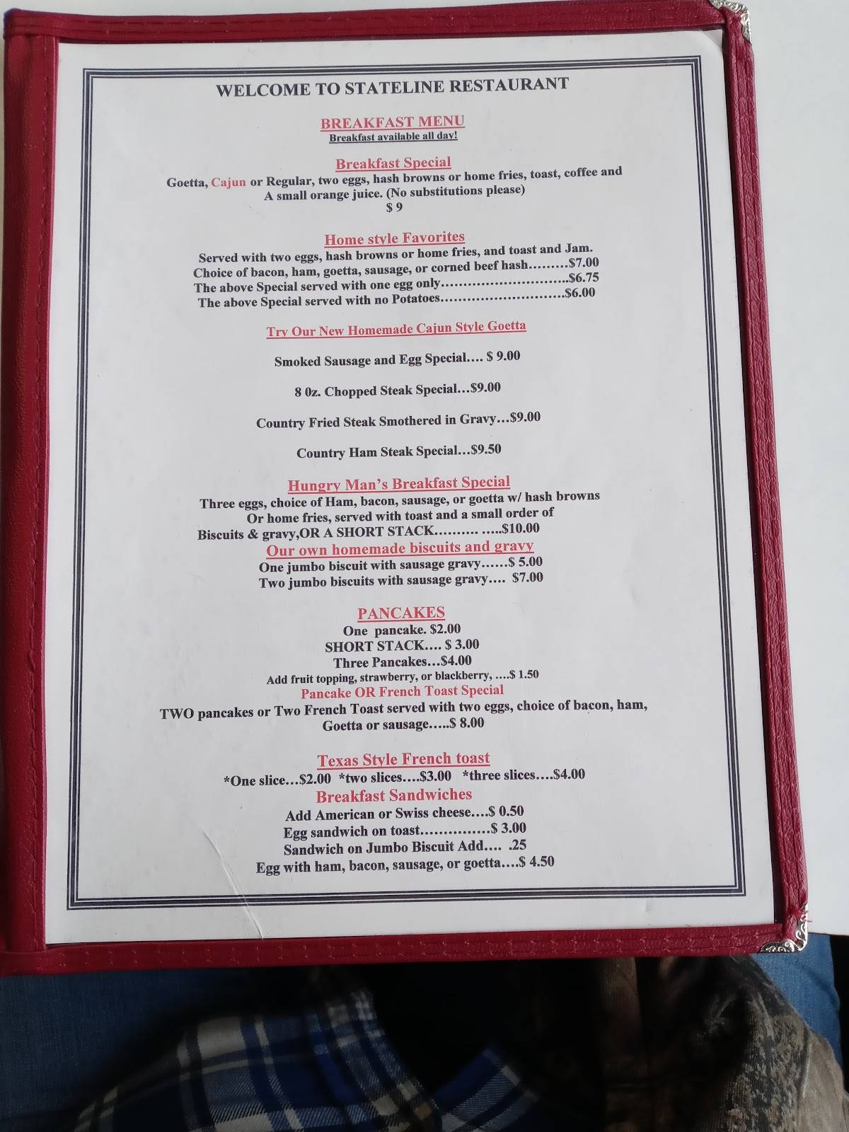 Menu at State Line Restaurant, Lawrenceburg