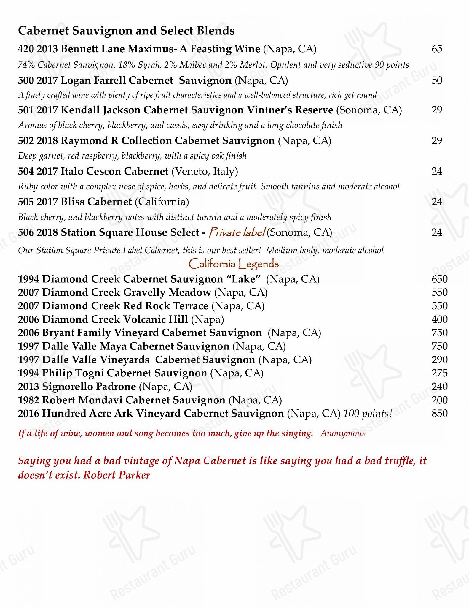 Menu at Station Square restaurant, Youngstown, Belmont Ave
