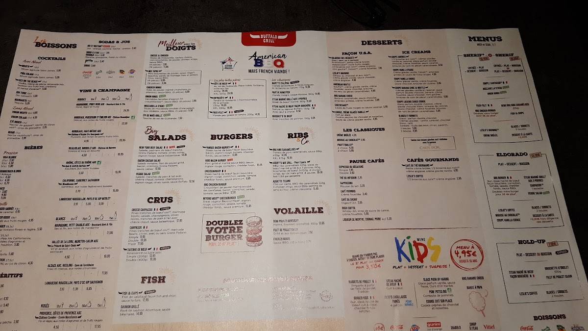 Menu au Buffalo Grill Compiegne restaurant à viande, Compiègne