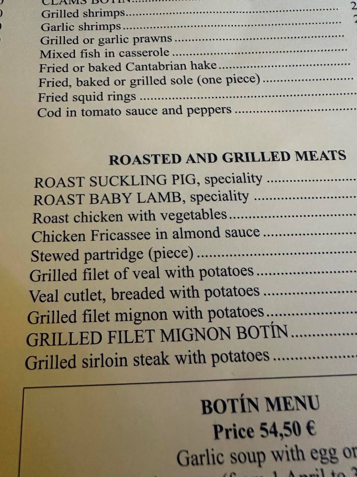 Menu at Botín steakhouse, Madrid, C. de Cuchilleros