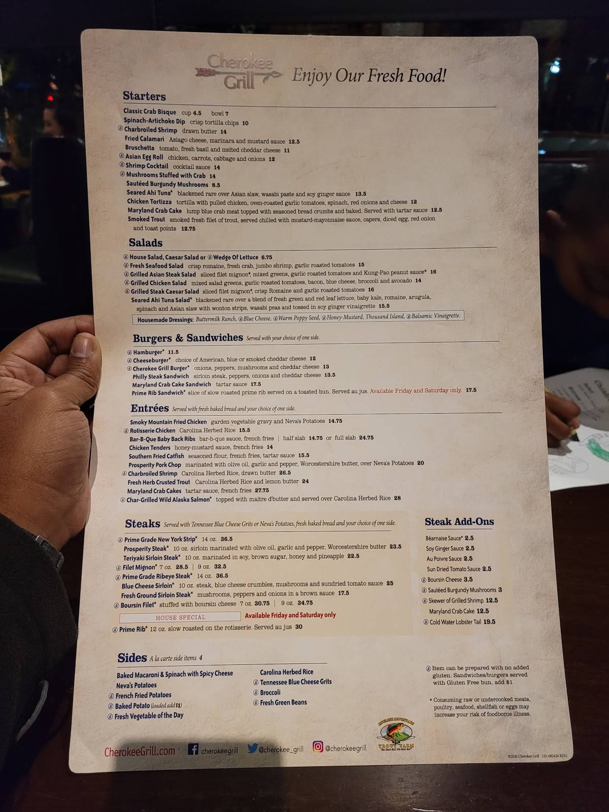 Menu at Cherokee Grill and Steakhouse, Gatlinburg