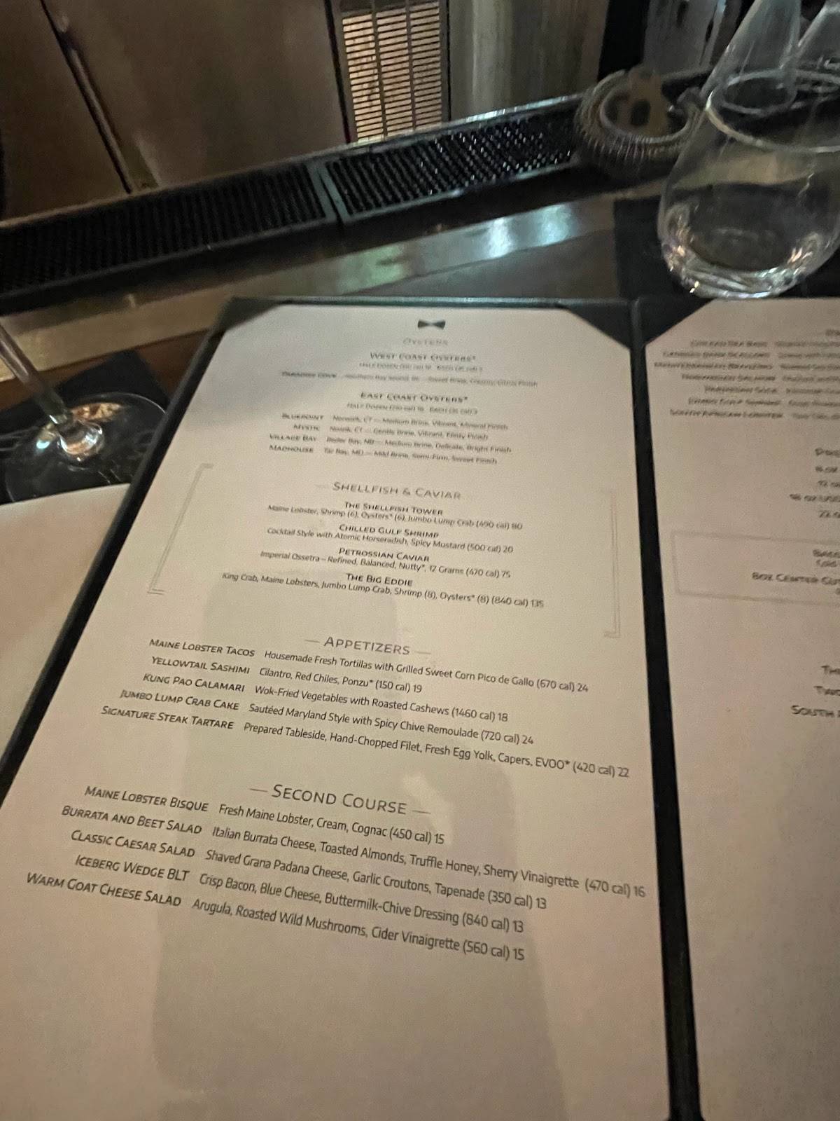 Menu at Eddie V's Prime Seafood steakhouse, Fort Lauderdale