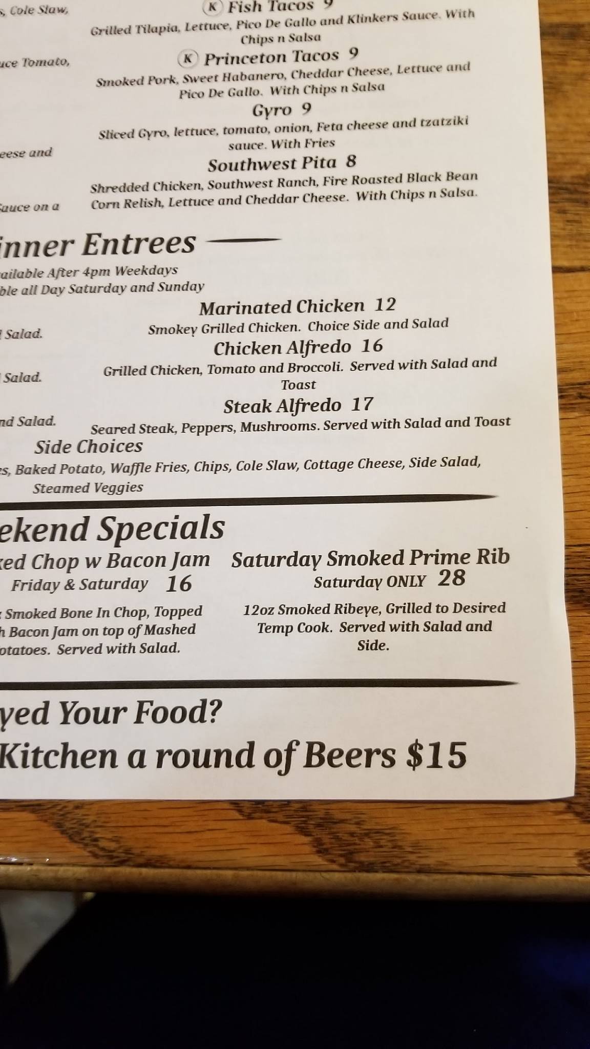 Menu at Klinkers Hometown Bar & Grill, Princeton