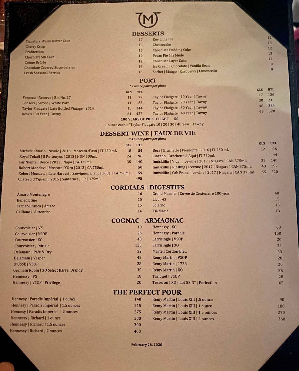 Menu at Mastro's Ocean Club, Scottsdale