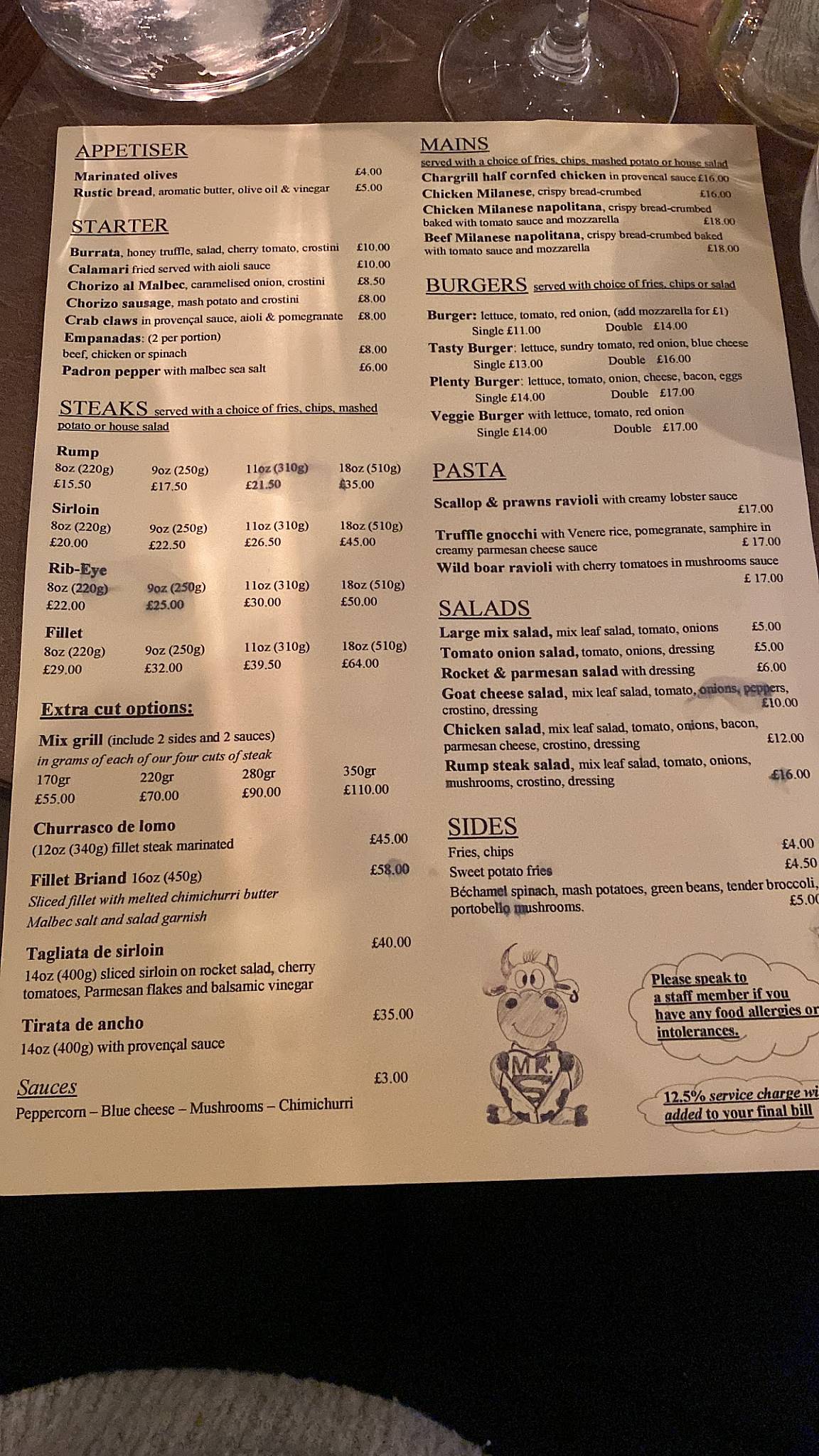 Menu at Mr. Steak steakhouse, London