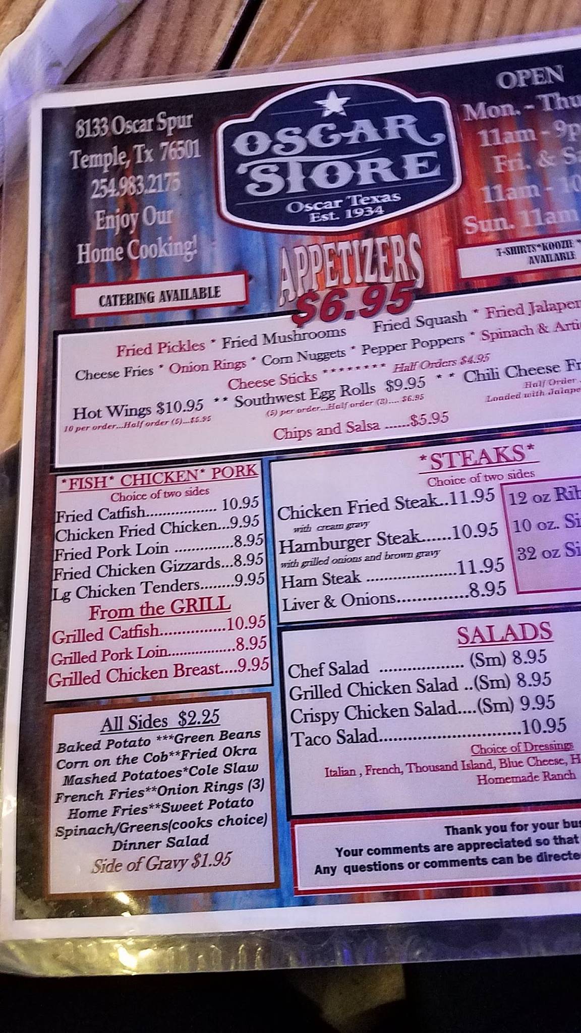 Menu at Oscar Store steakhouse, Temple, Oscar Spur