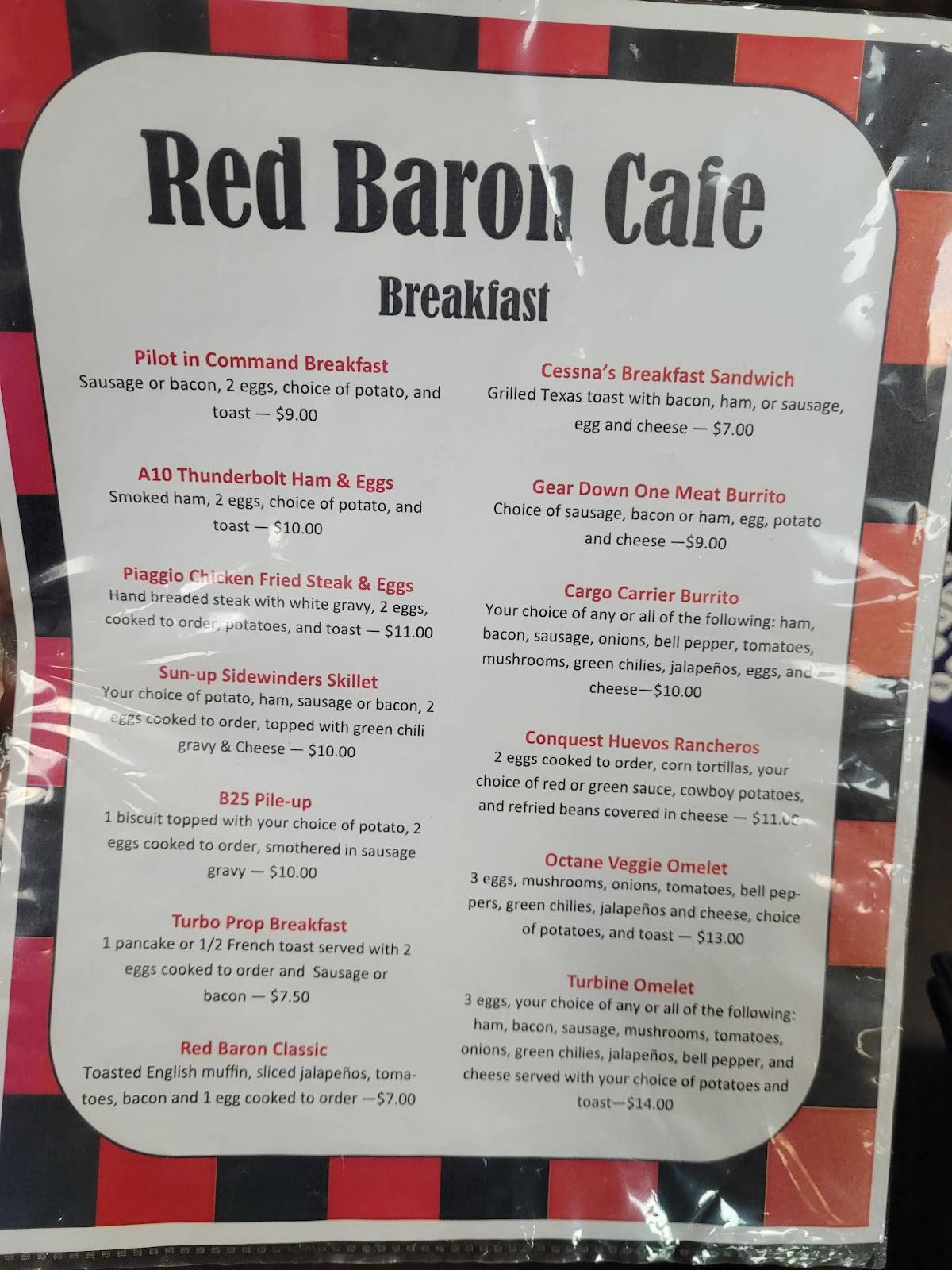 Menu at The Red Baron Restaurant, Dalhart