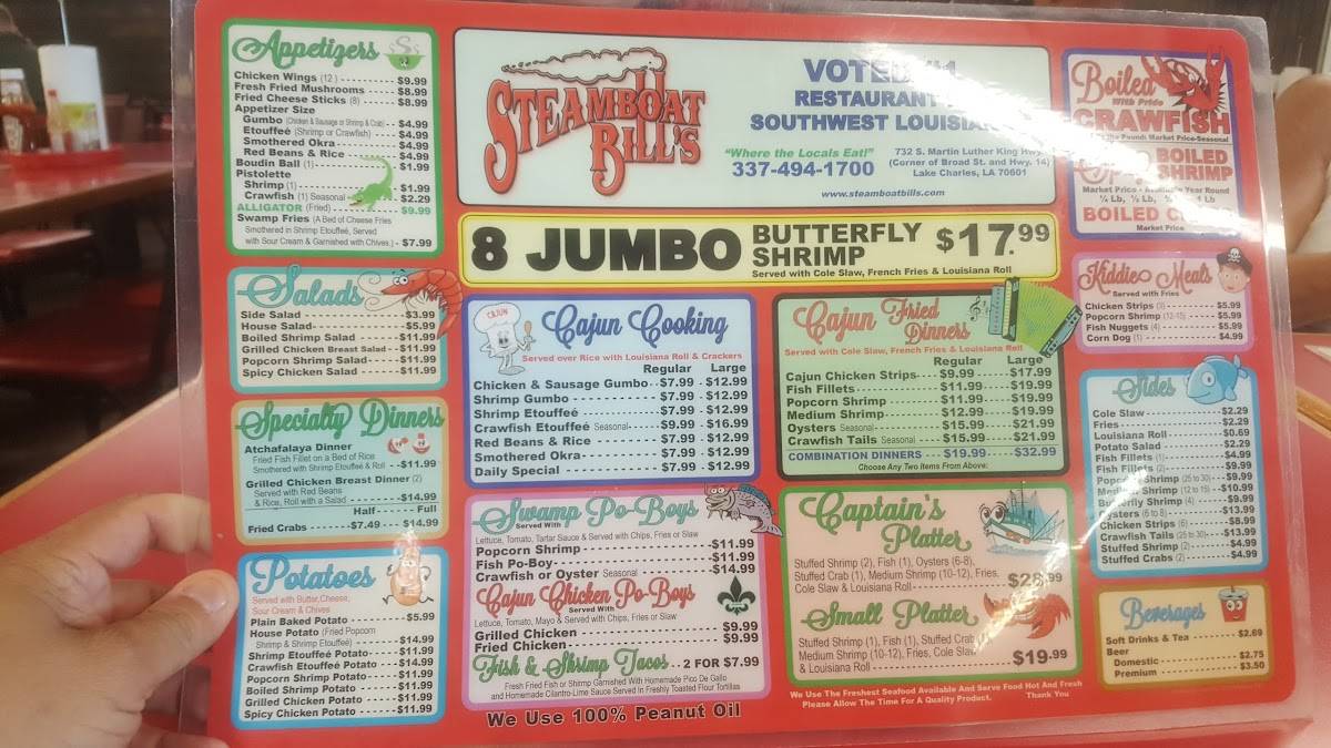 Menu at Steamboat Bill's Seafood restaurant, Lake Charles, 732 S Martin ...