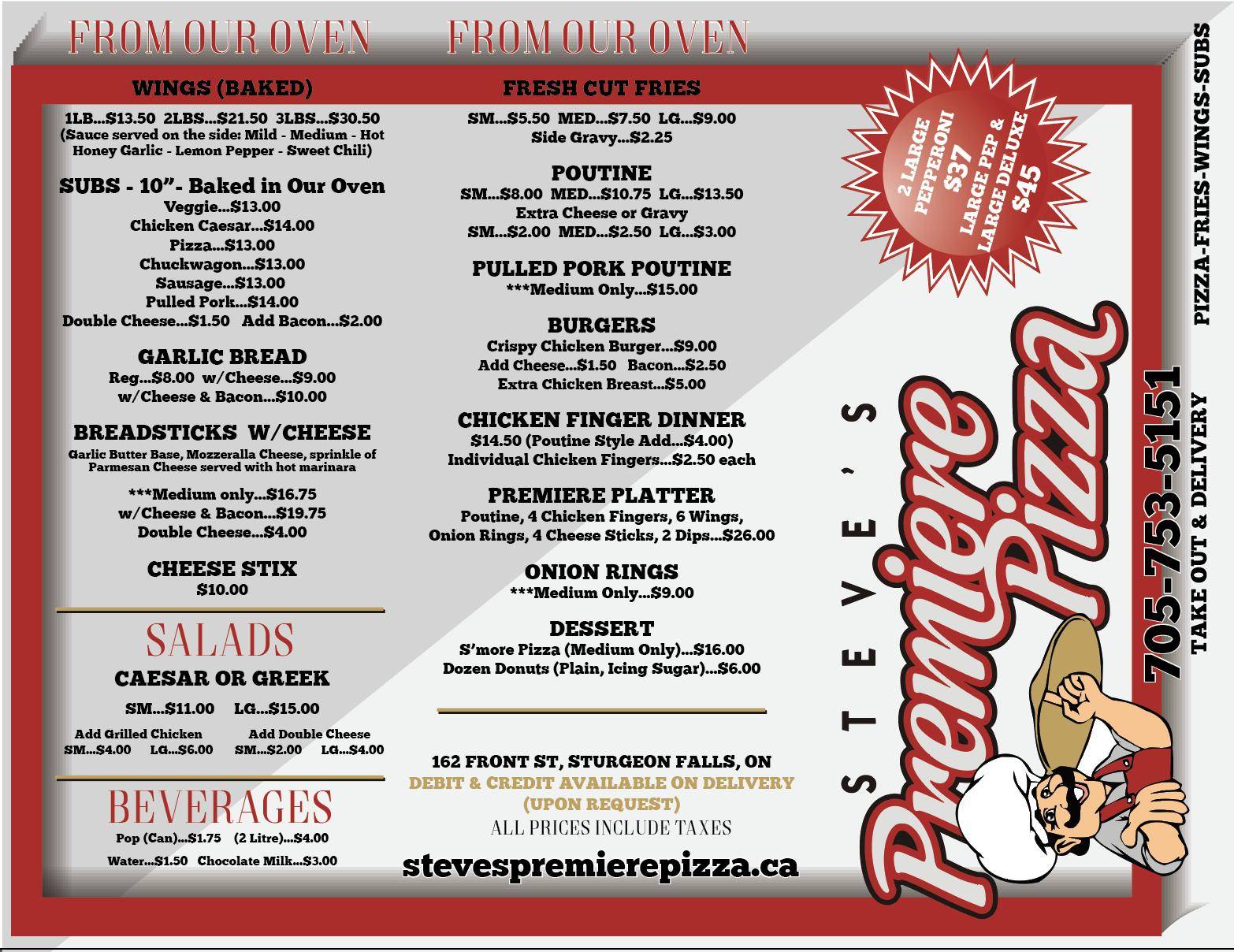 Menu at Steve's Premiere Pizza pizzeria, West Nipissing