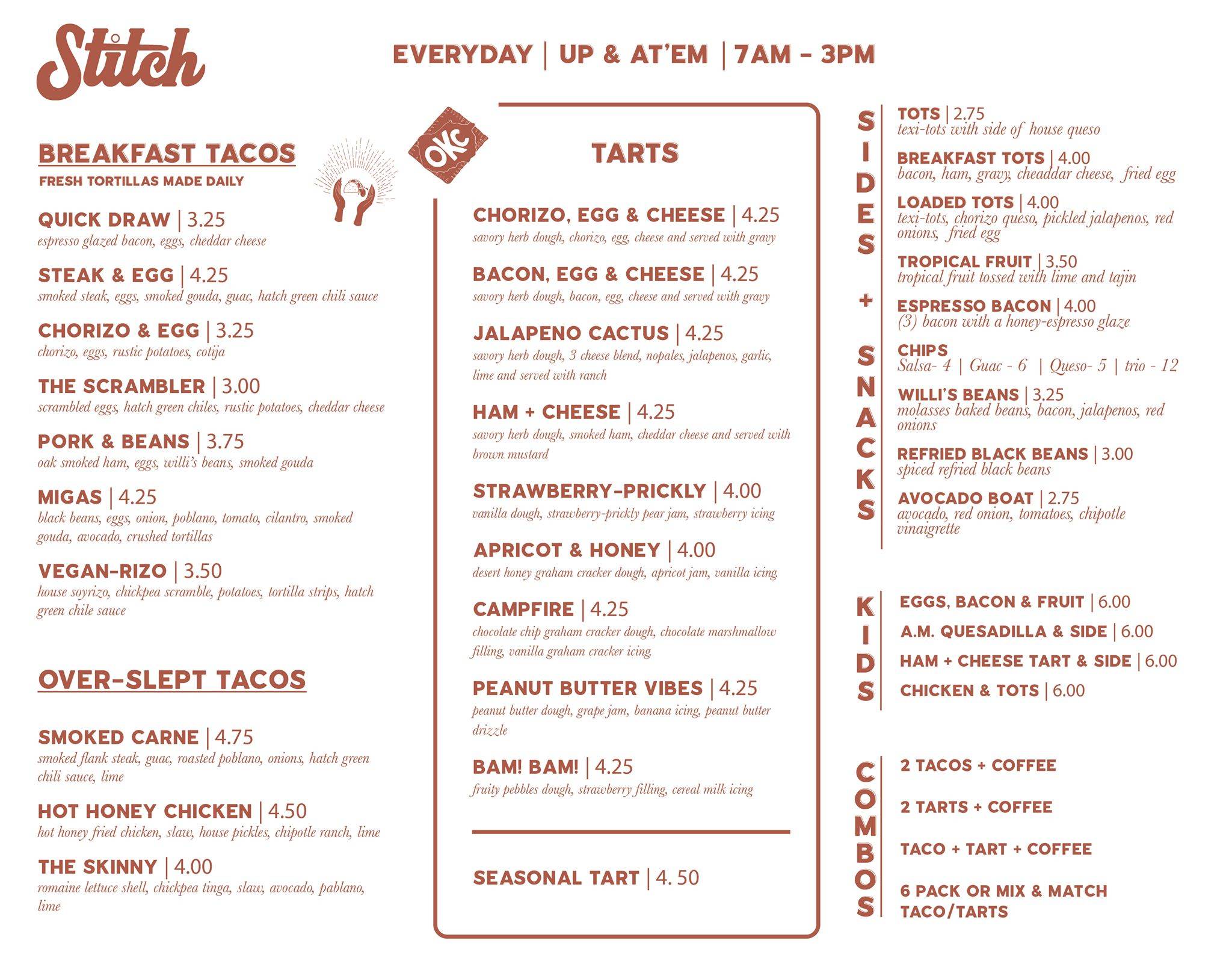 Menu at Stitch Cafe, Oklahoma City, 835 W Sheridan Ave #100