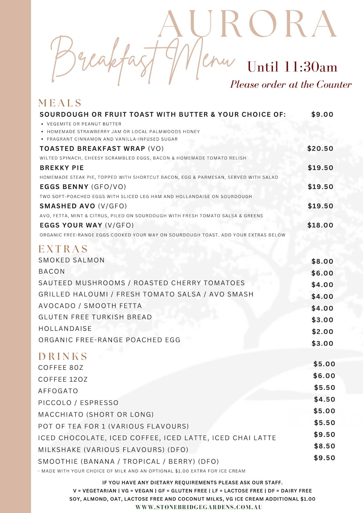 Menu at Stonebridge Gardens restaurant, Palmwoods
