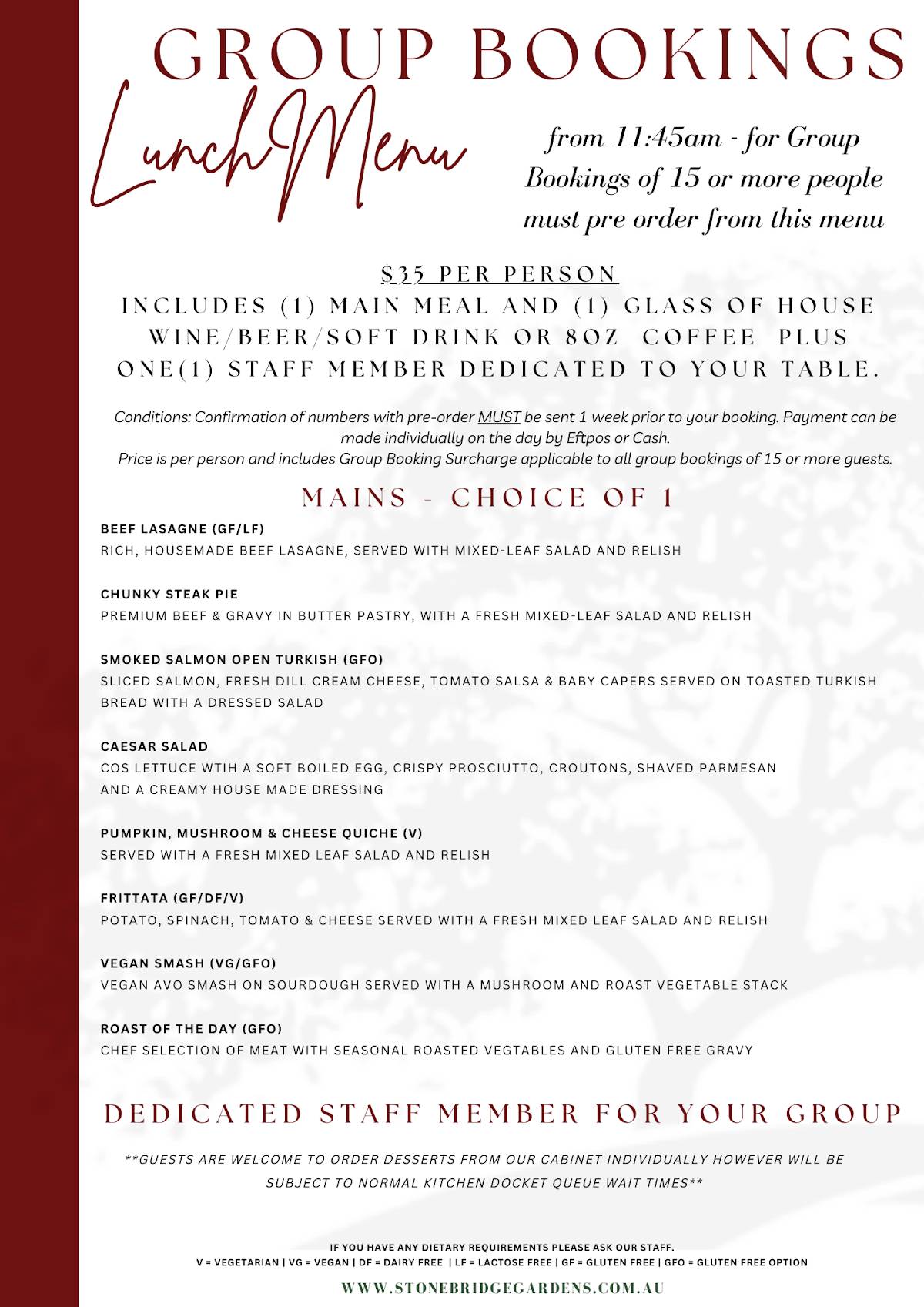 Menu at Stonebridge Gardens restaurant, Palmwoods