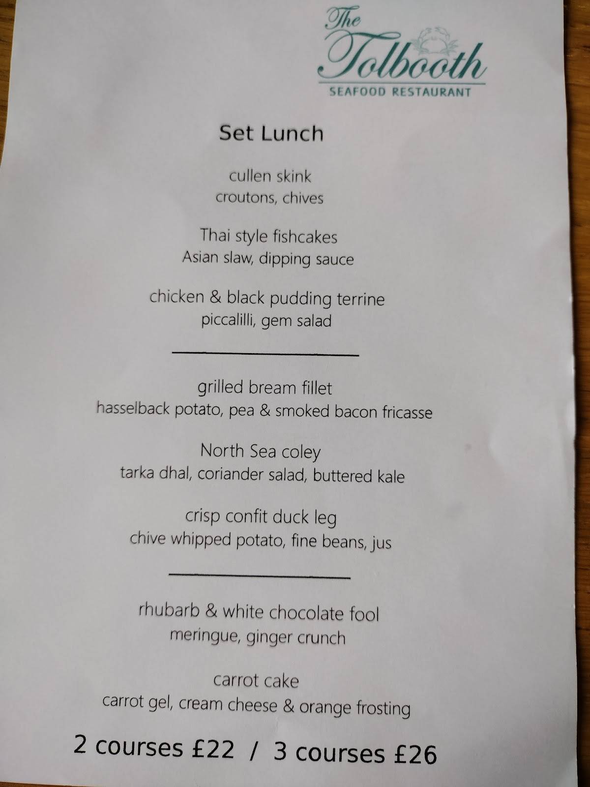 Menu at The Tolbooth Seafood Restaurant, Stonehaven