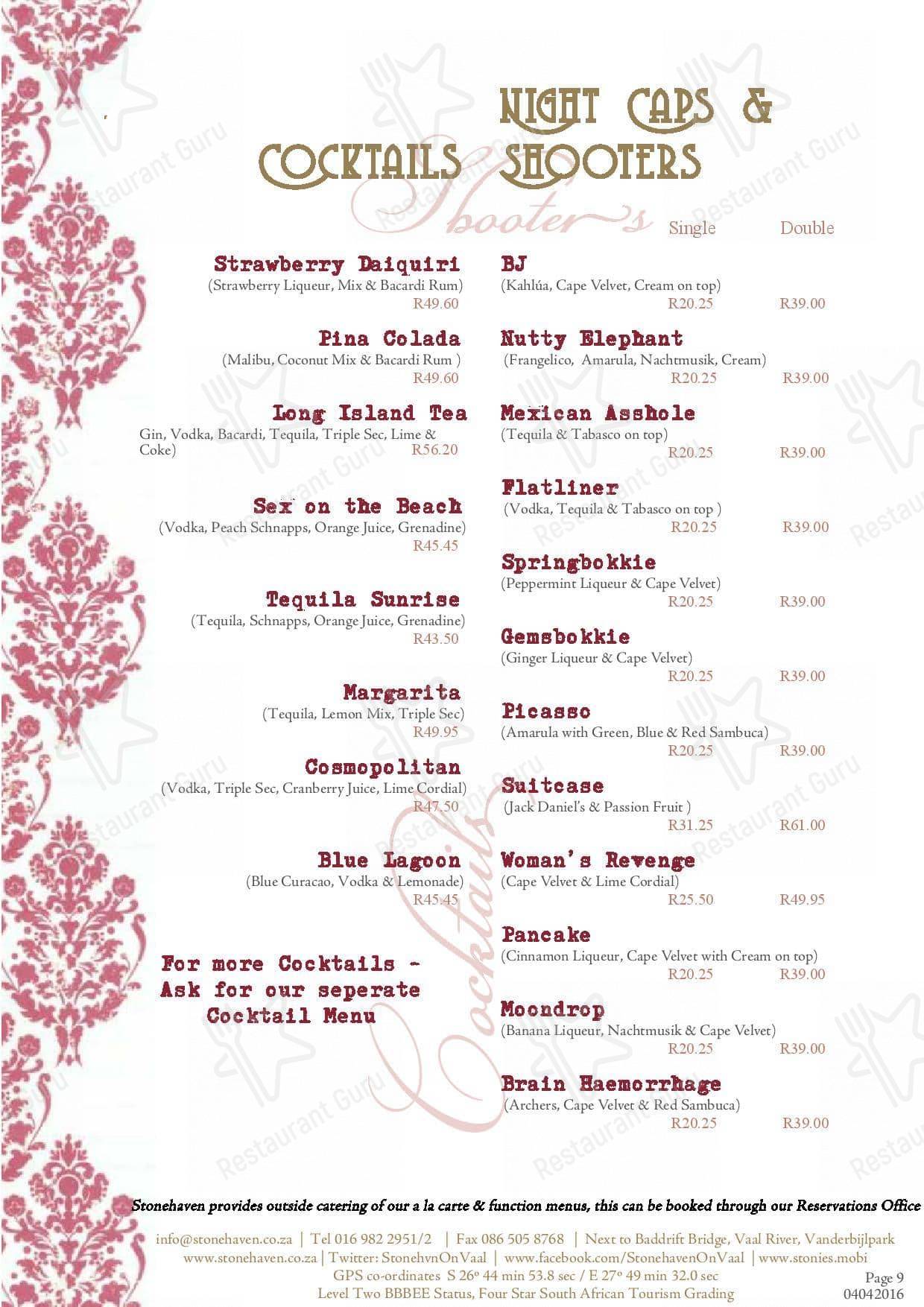 Menu at Stonehaven on Vaal restaurant, Vanderbijlpark