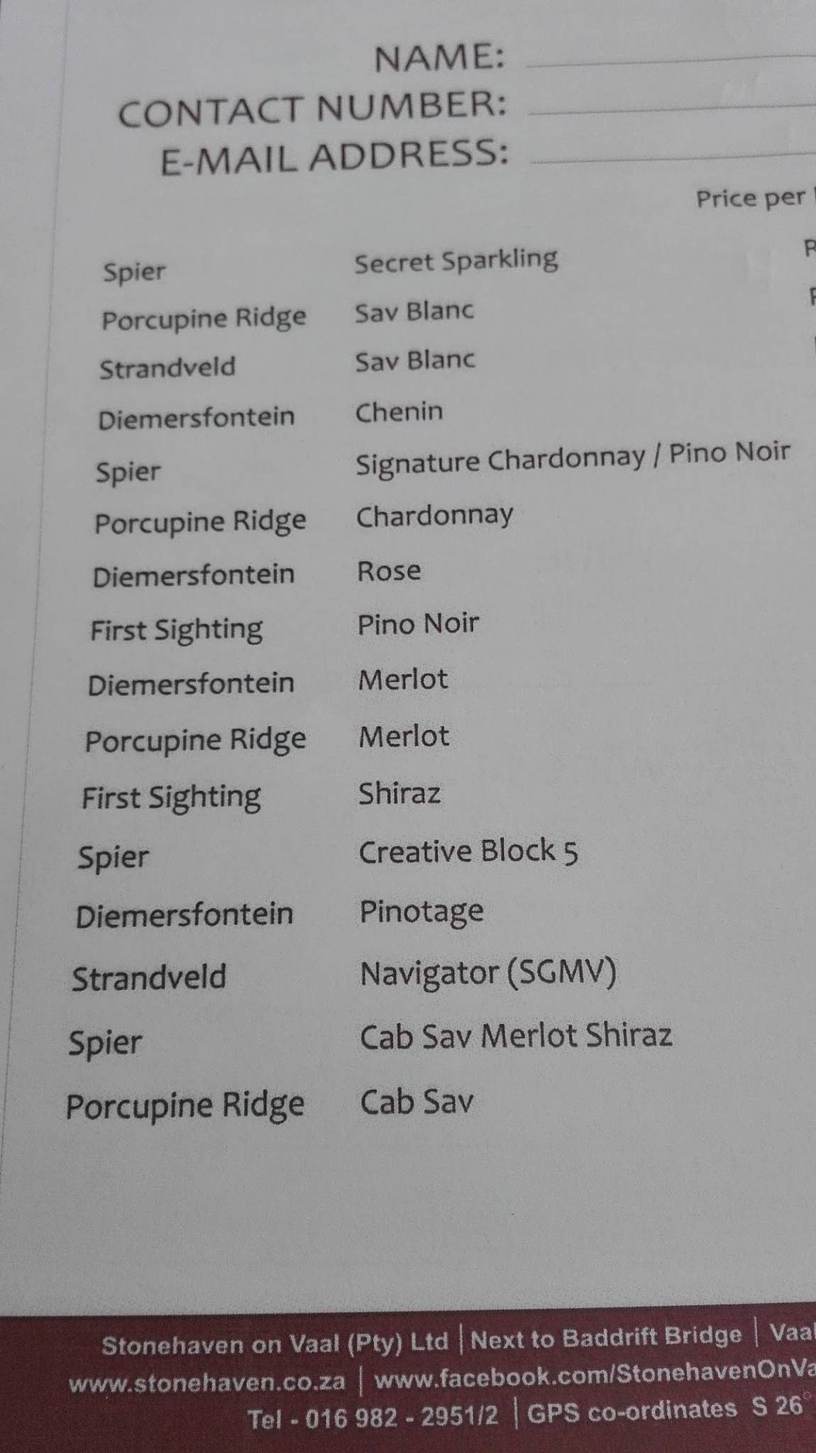Menu at Stonehaven on Vaal restaurant, Vanderbijlpark