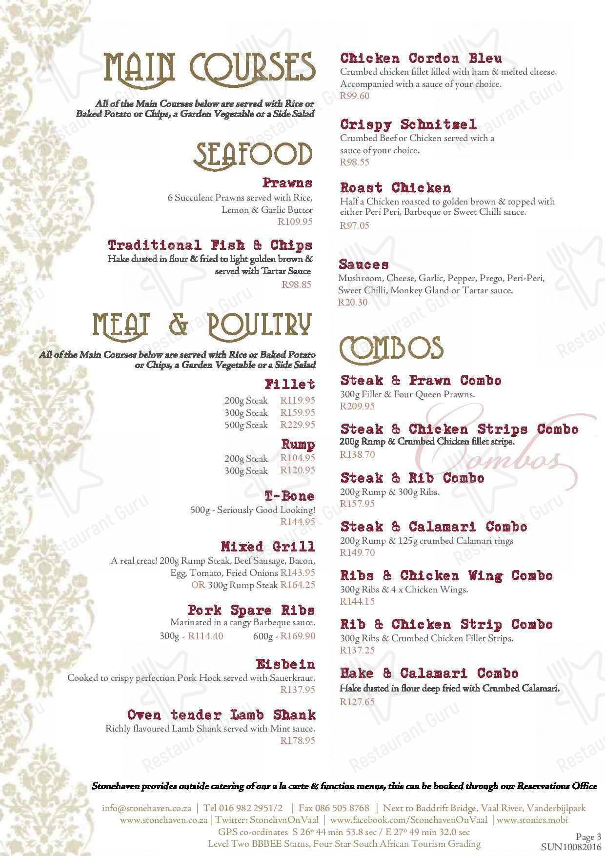 Menu at Stonehaven on Vaal restaurant, Vanderbijlpark