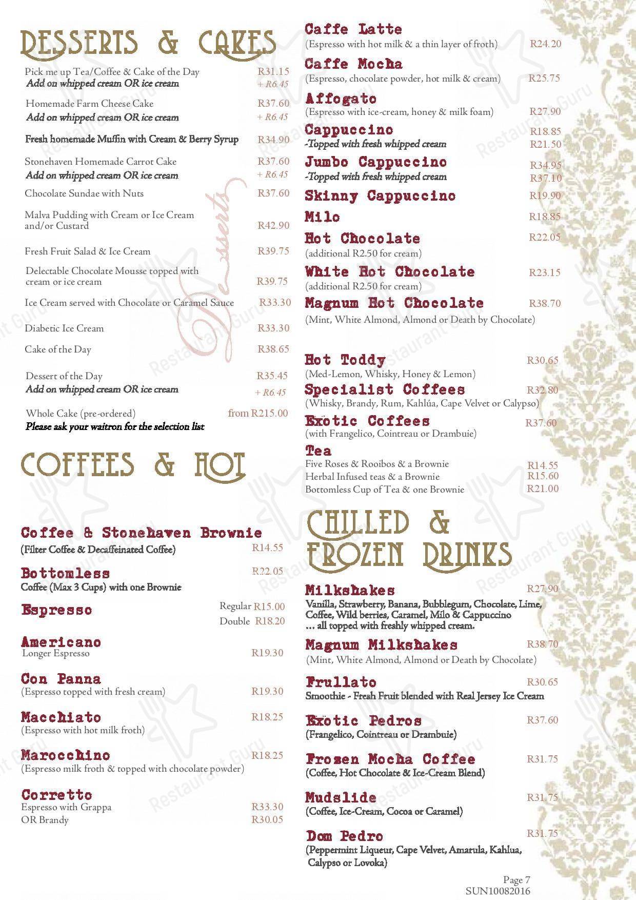 Menu at Stonehaven on Vaal restaurant, Vanderbijlpark