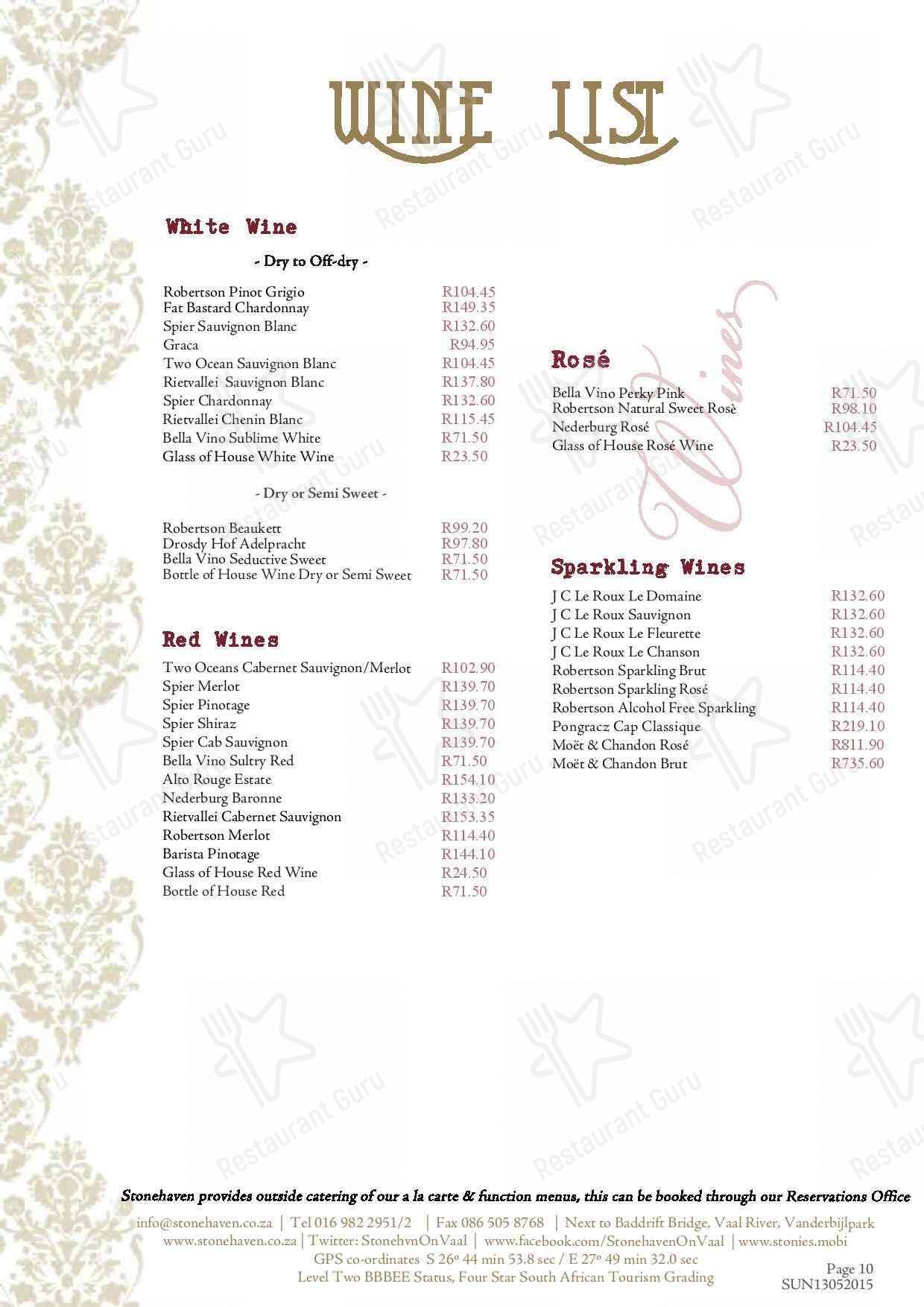 Menu at Stonehaven on Vaal restaurant, Vanderbijlpark