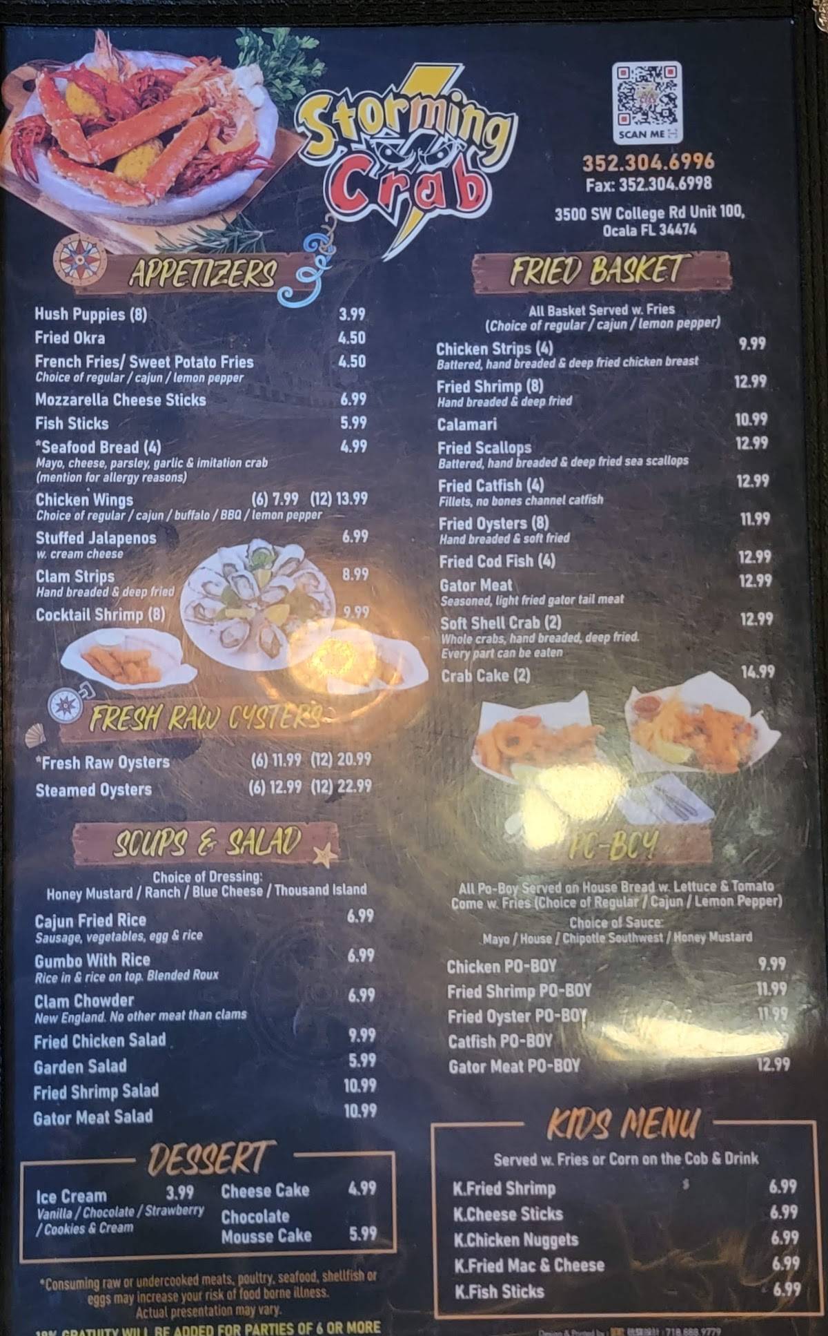 Menu at Storming Crab restaurant, Ocala