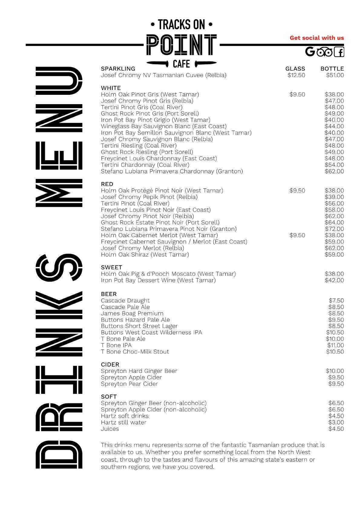 Menu at Tracks on Point cafe, Strahan