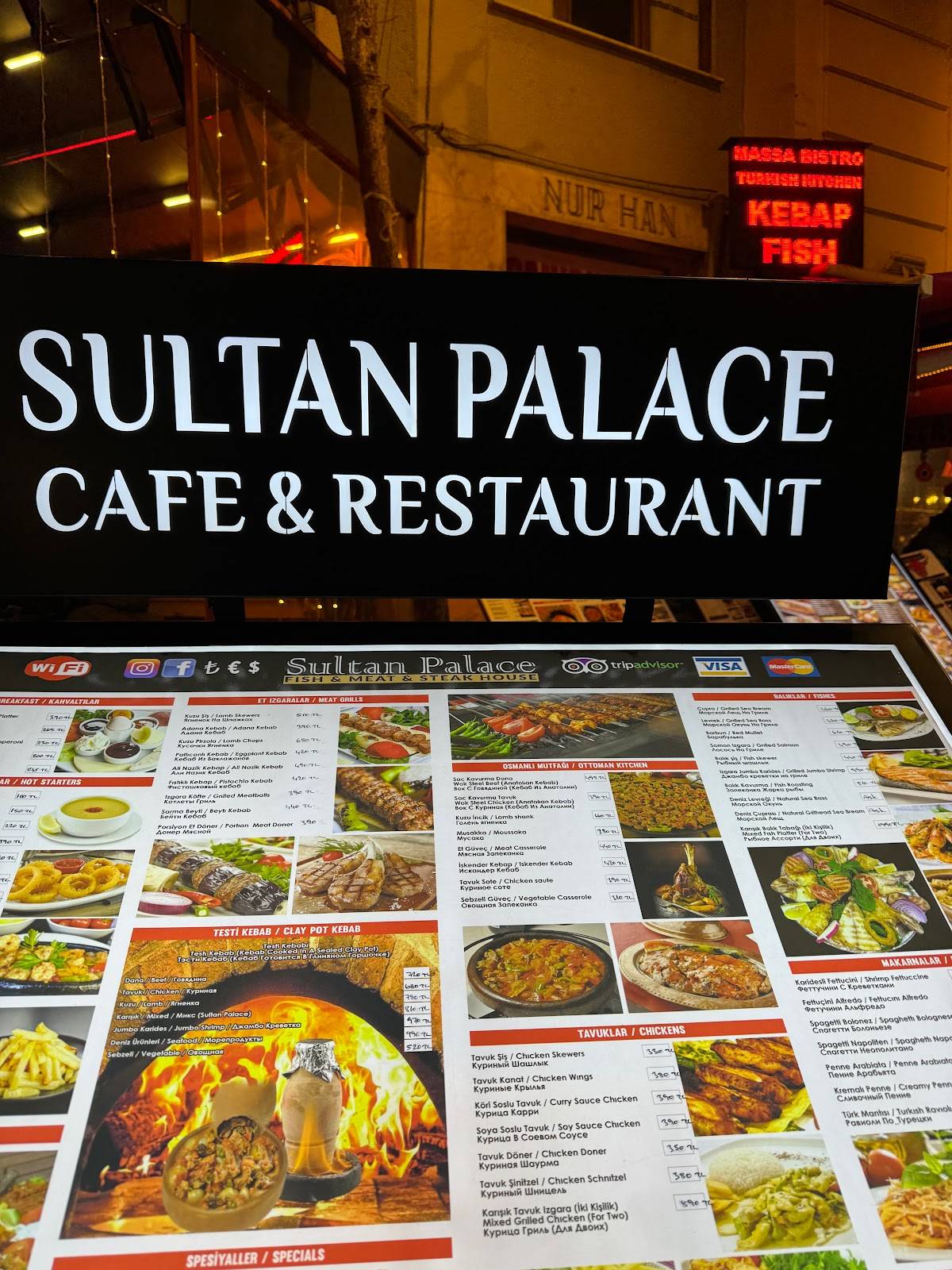 Menu at Sultan palace cafe restaurant, Istanbul