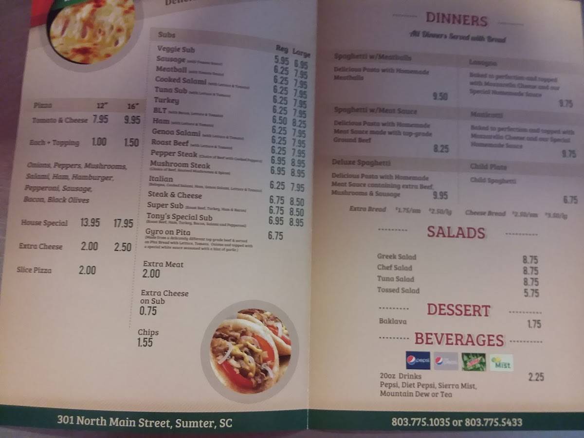 Menu at Tony's Pizza pizzeria, Sumter, 301 N Main St