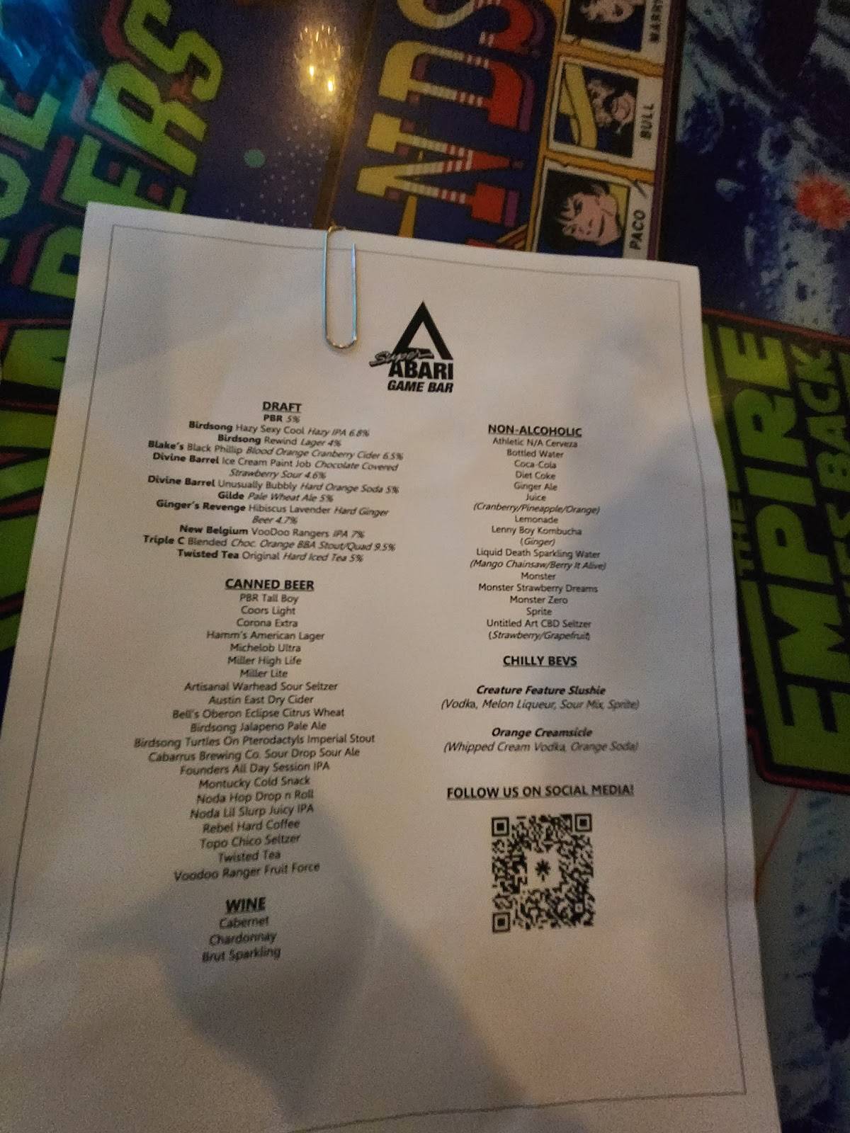 Menu at Super Abari Game Bar, Charlotte