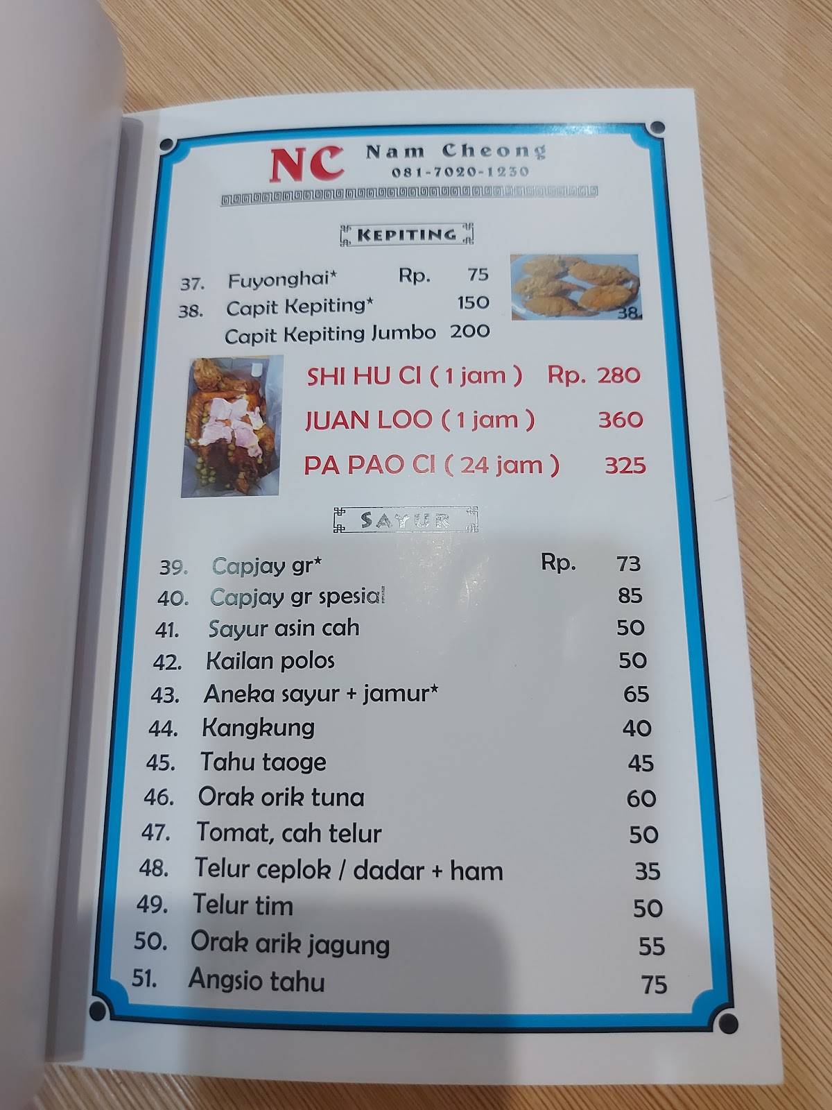 Menu at Rumah Makan Nam Cheong restaurant, Surabaya