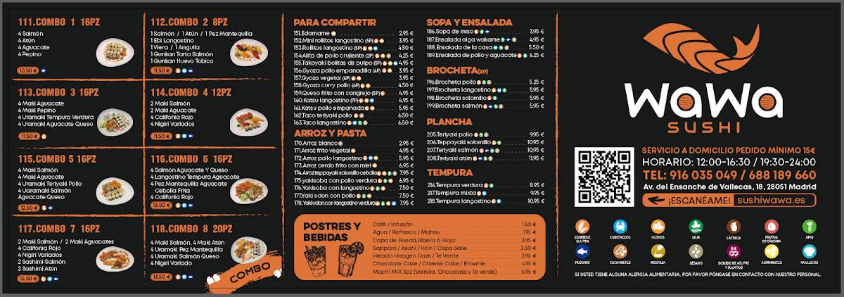 Menu at Sushi WaWa restaurant, Madrid