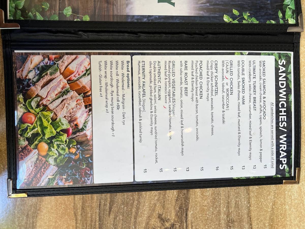 Menu at Eternity Cafe Town Hall Station, Sydney