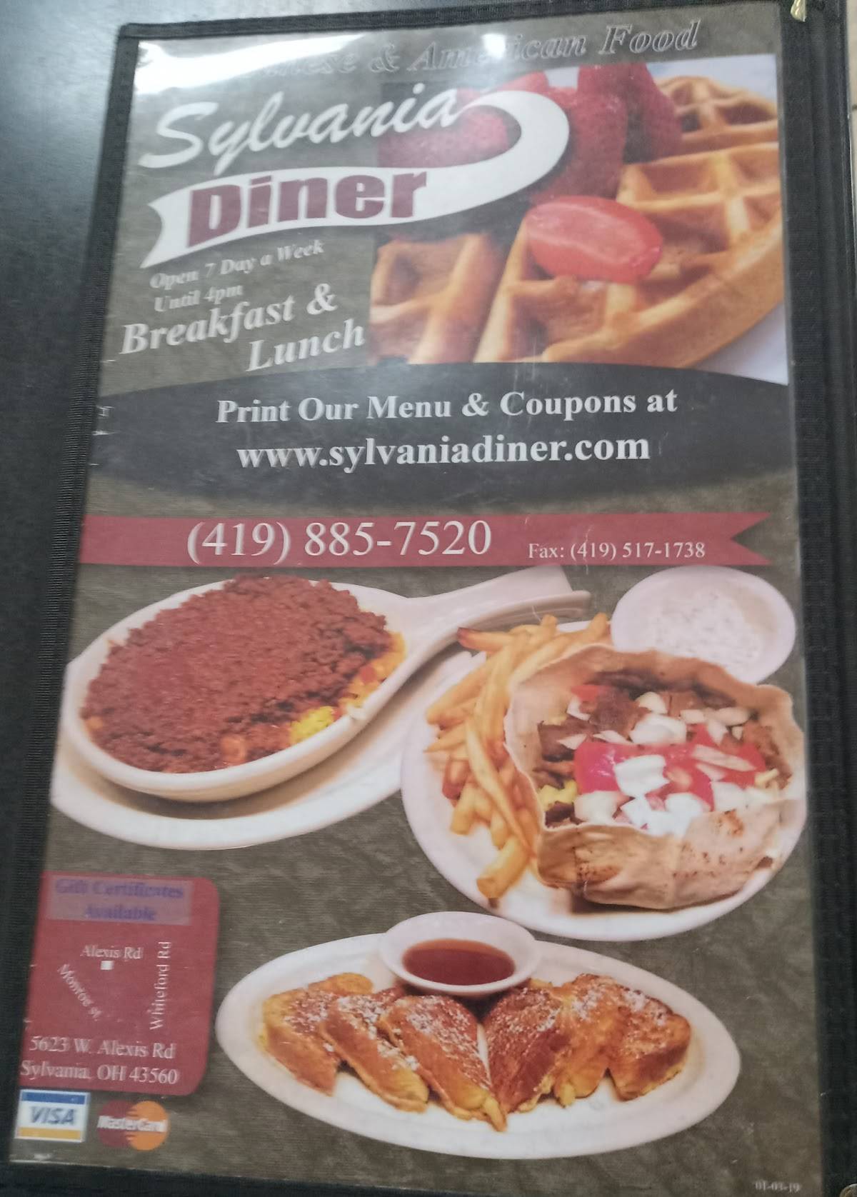 Menu at Sylvania Diner restaurant, Sylvania