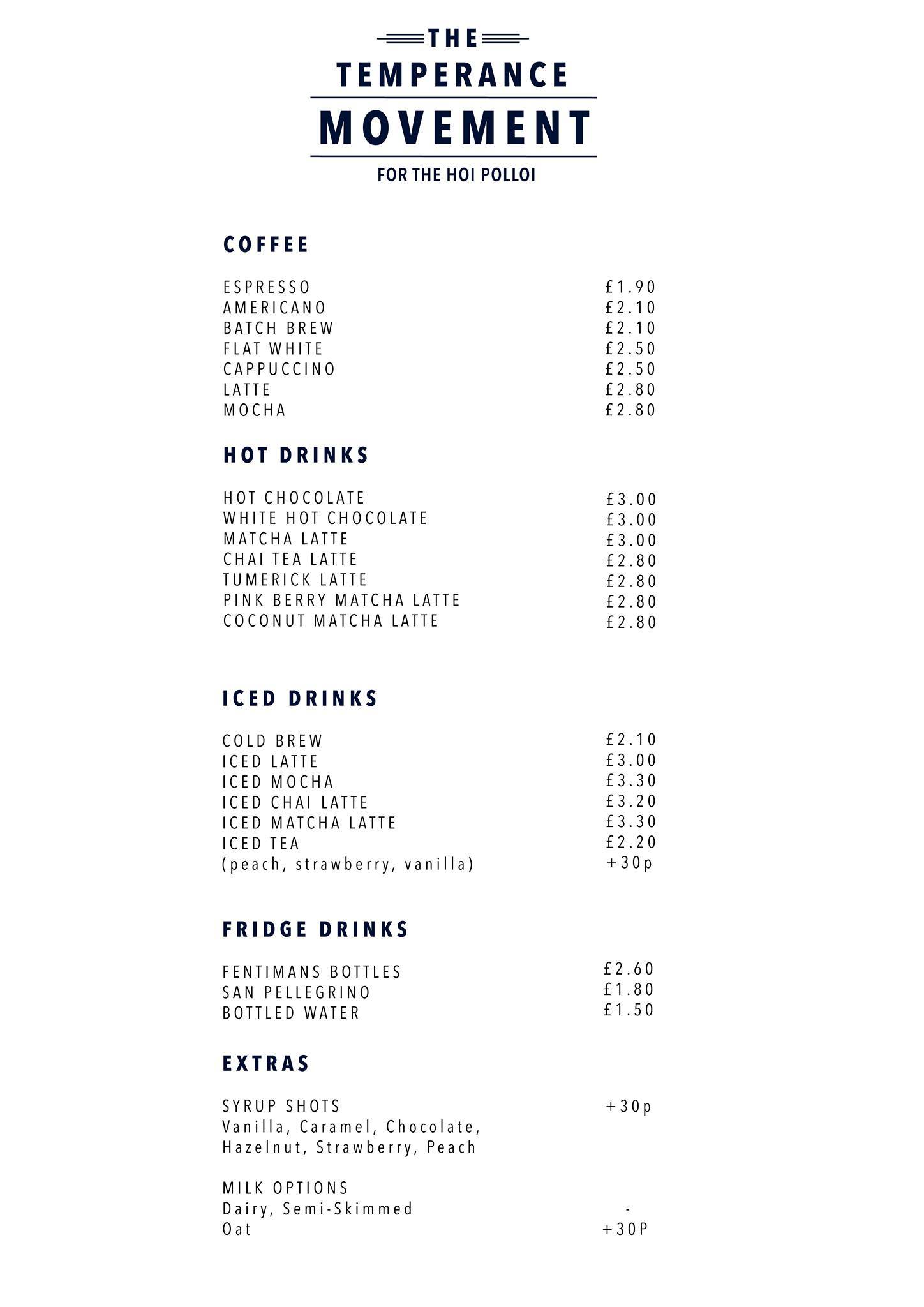 Menu at The Temperance Movement cafe, Halifax