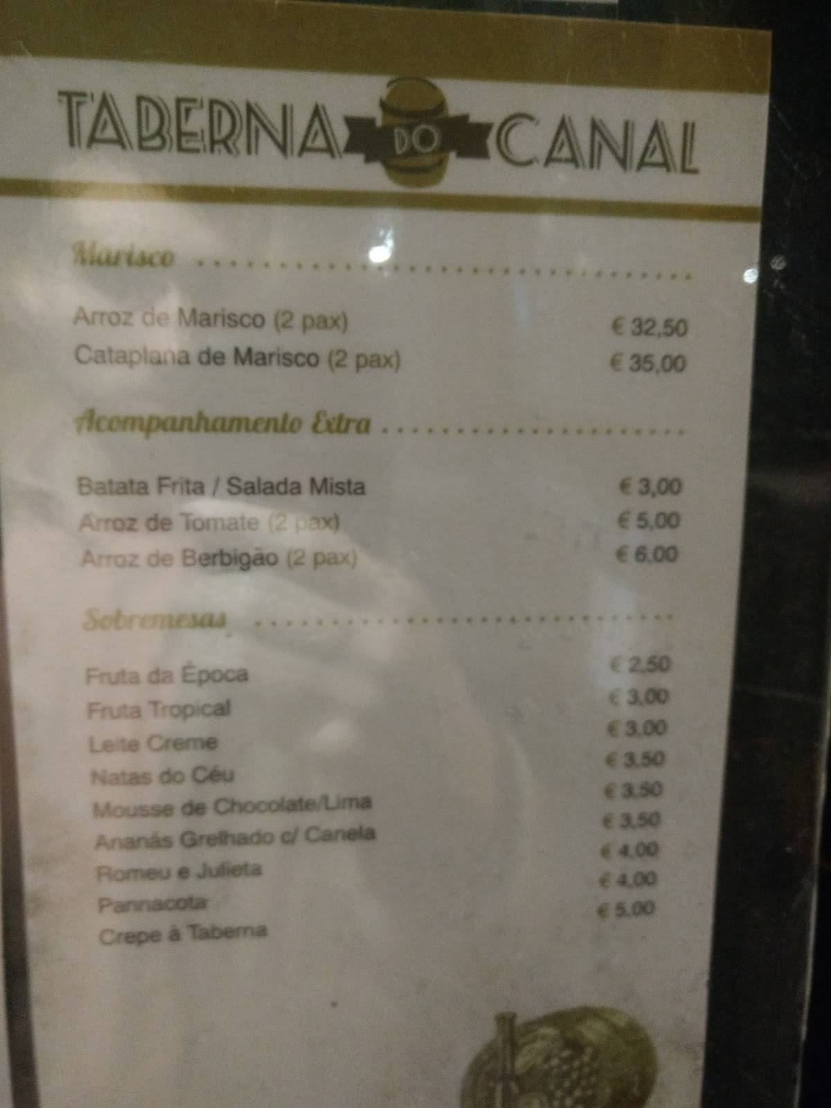 Menu em Taberna do Canal restaurante, Aveiro