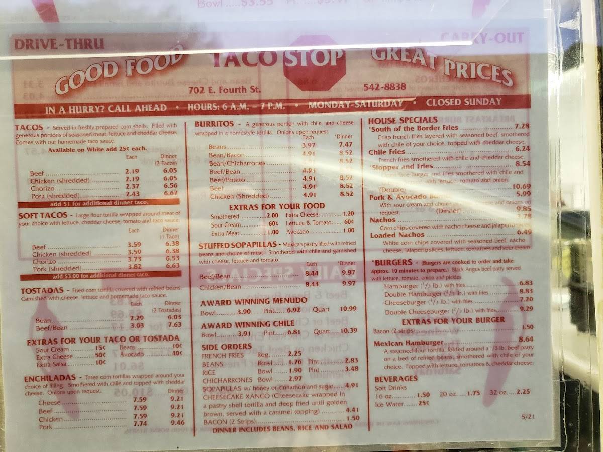Menu at Taco Stop restaurant, Pueblo, 702 E 4th St