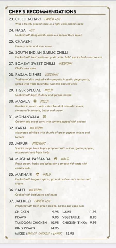 Menu at Tamanna Indian restaurant, Aviemore
