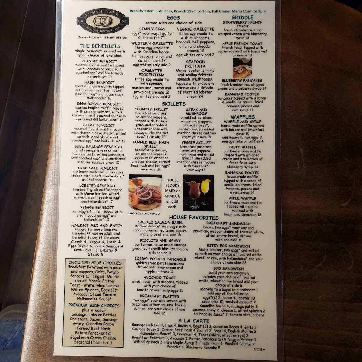 Menu at Tamiami Tavern restaurant, Punta Gorda
