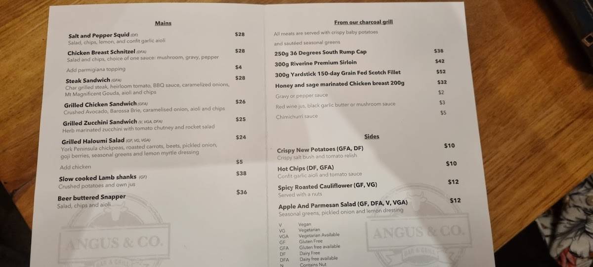 Menu at Angus & Co. Barossa, Tanunda