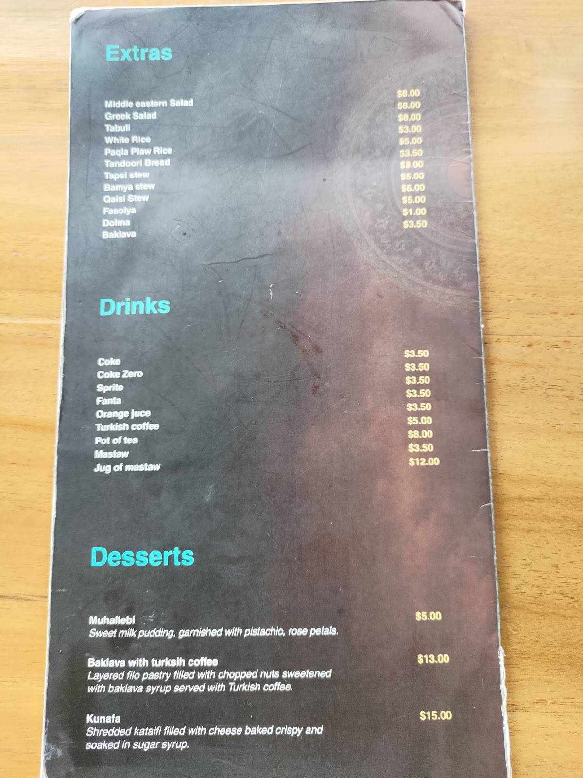 Menu at Tapsi restaurant, Auckland