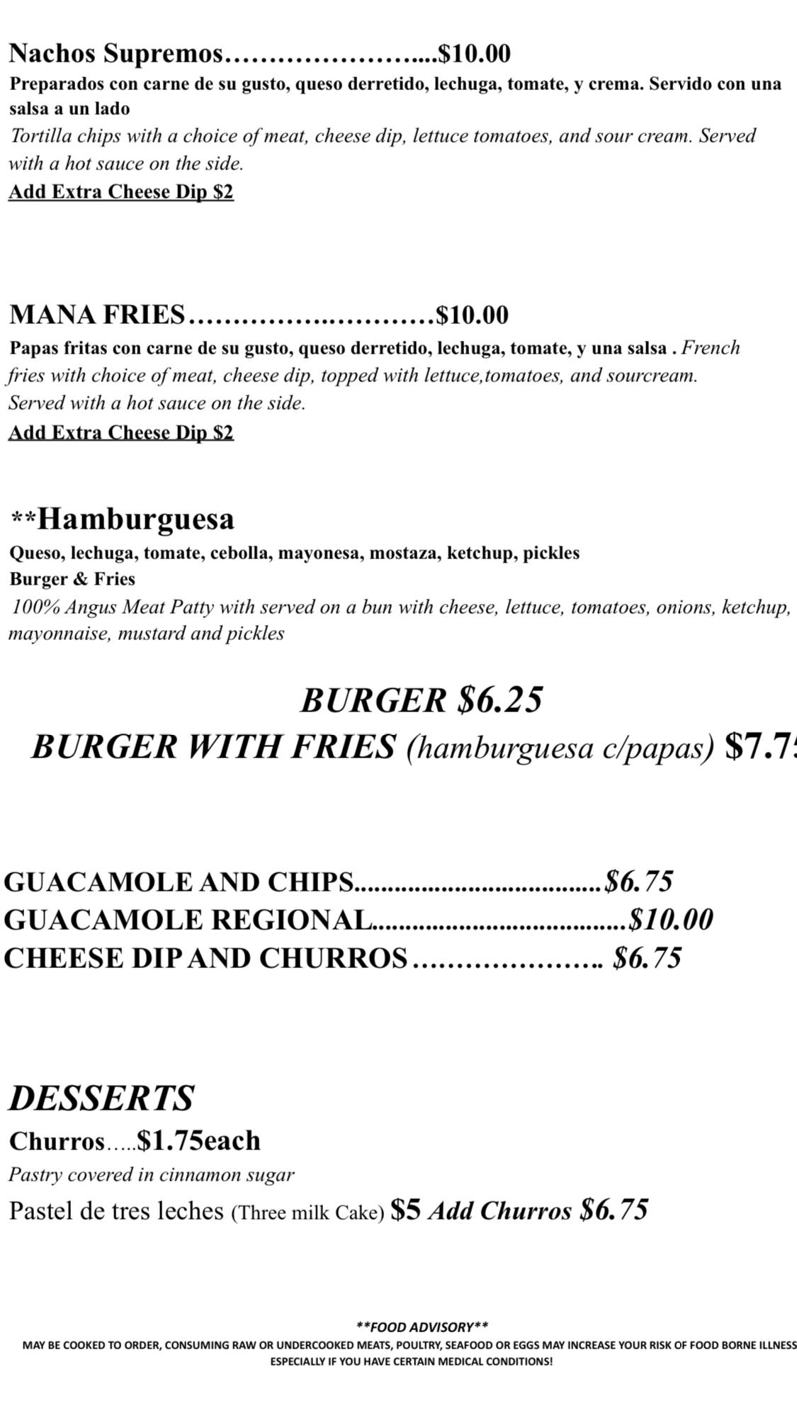Menu at Taqueria El Mana restaurant, Valdese