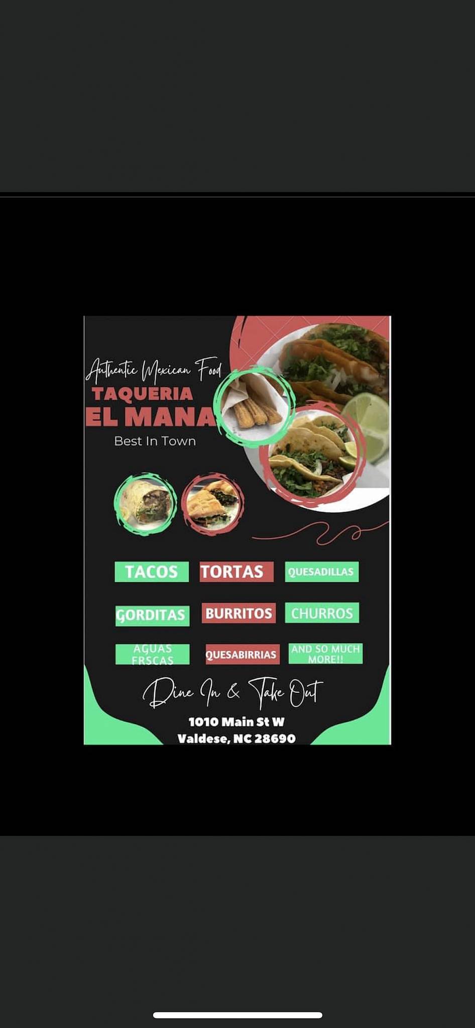Menu at Taqueria El Mana restaurant, Valdese