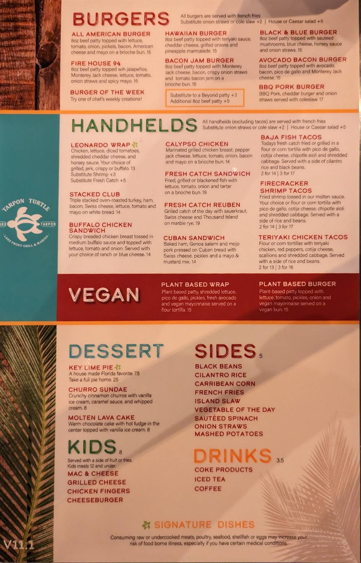 Menu at Tarpon Turtle Waterfront Grill restaurant, Tarpon Springs