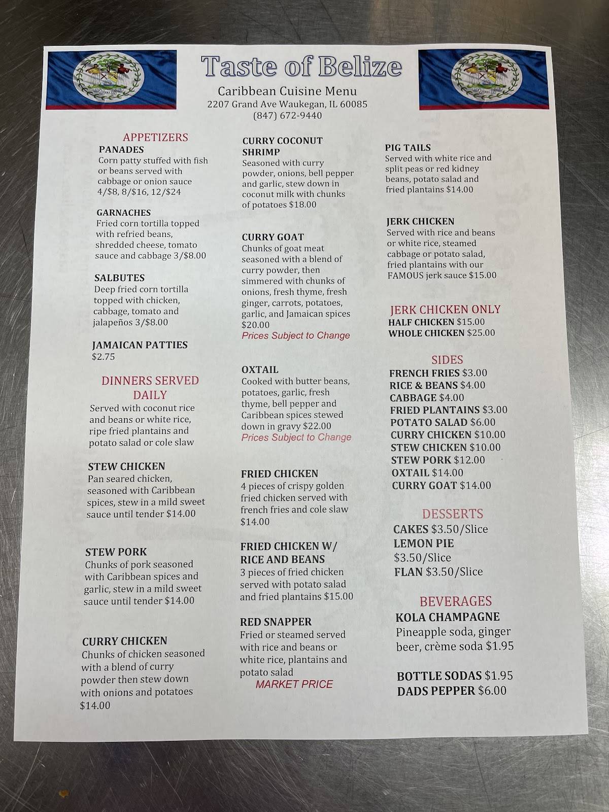 Menu at Taste Of Belize restaurant, Waukegan, Grand Ave