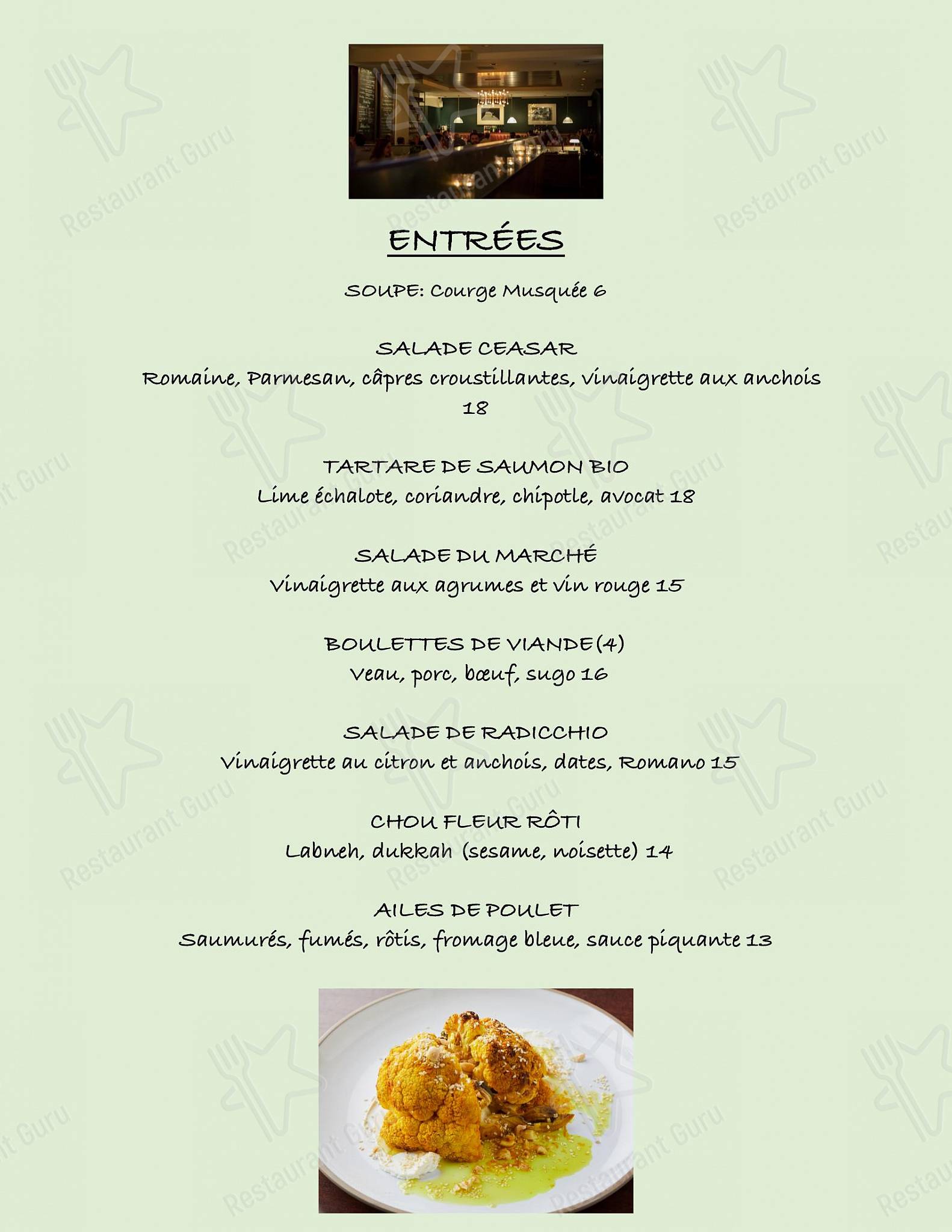 Menu at Taverne Sur Le Square restaurant, Westmount
