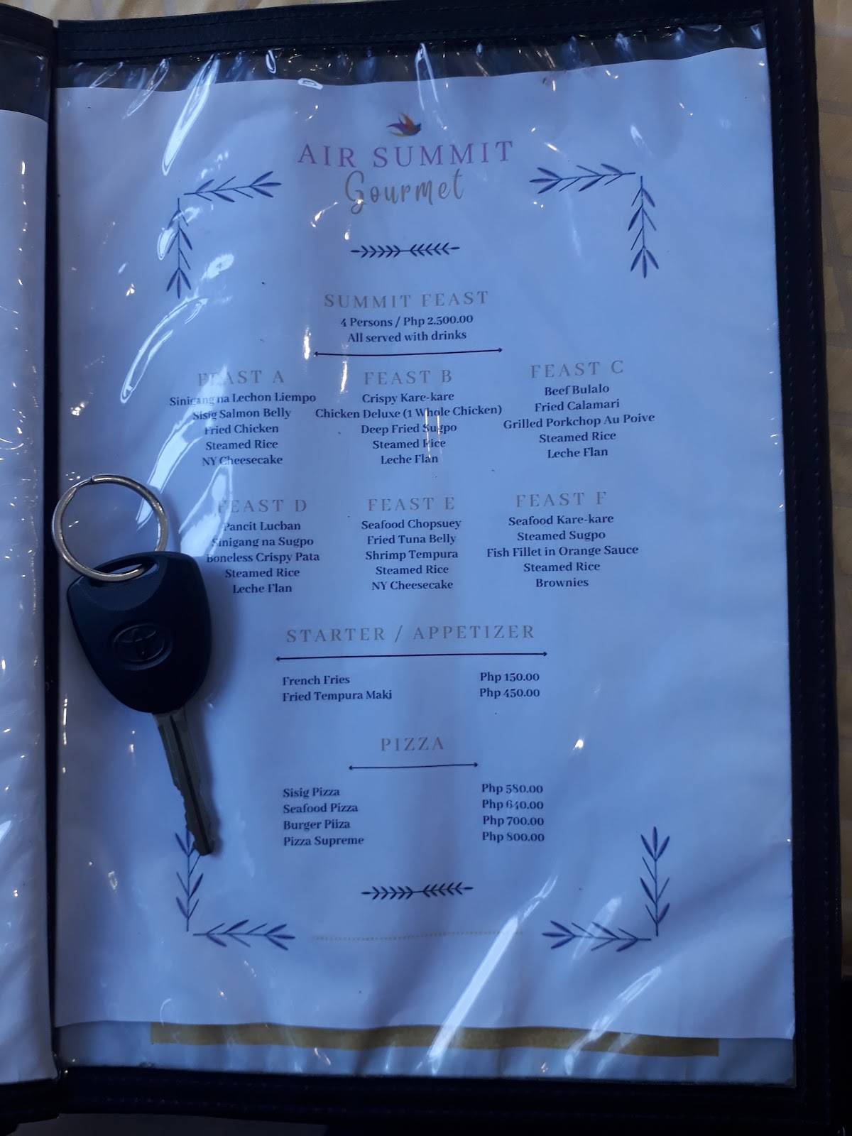 Menu at Air Summit Gourmet restaurant, Tayabas, 3H59+GWP