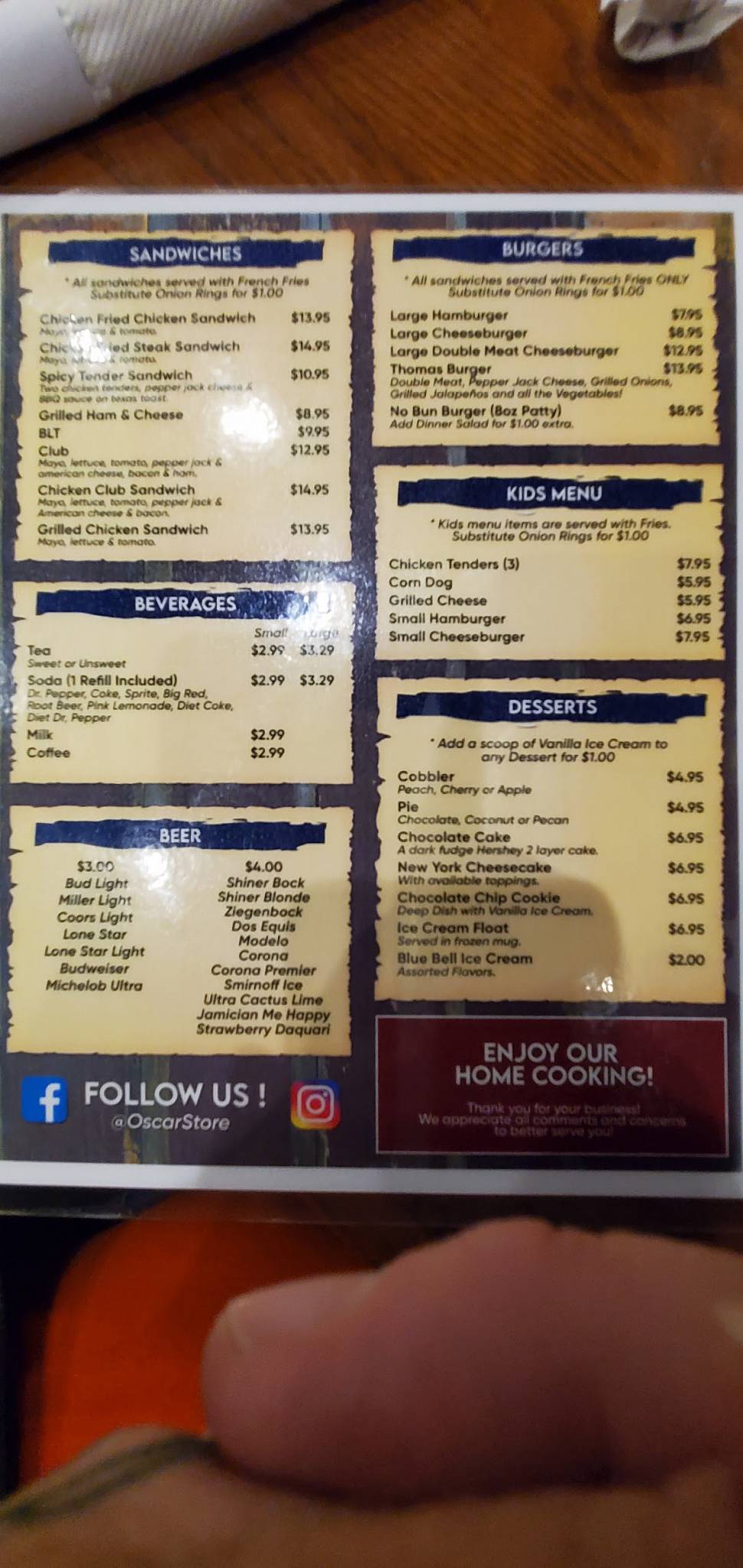 Menu at Oscar Store steakhouse, Temple, Oscar Spur