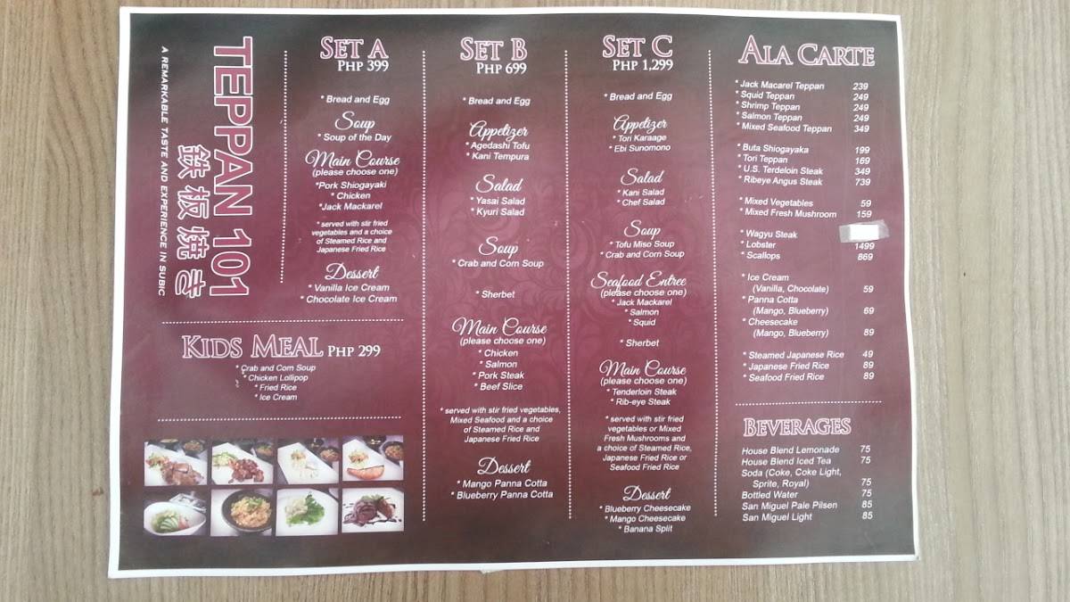 Menu at Teppan 101 restaurant, Subic Bay Freeport Zone, 1131 Palm St
