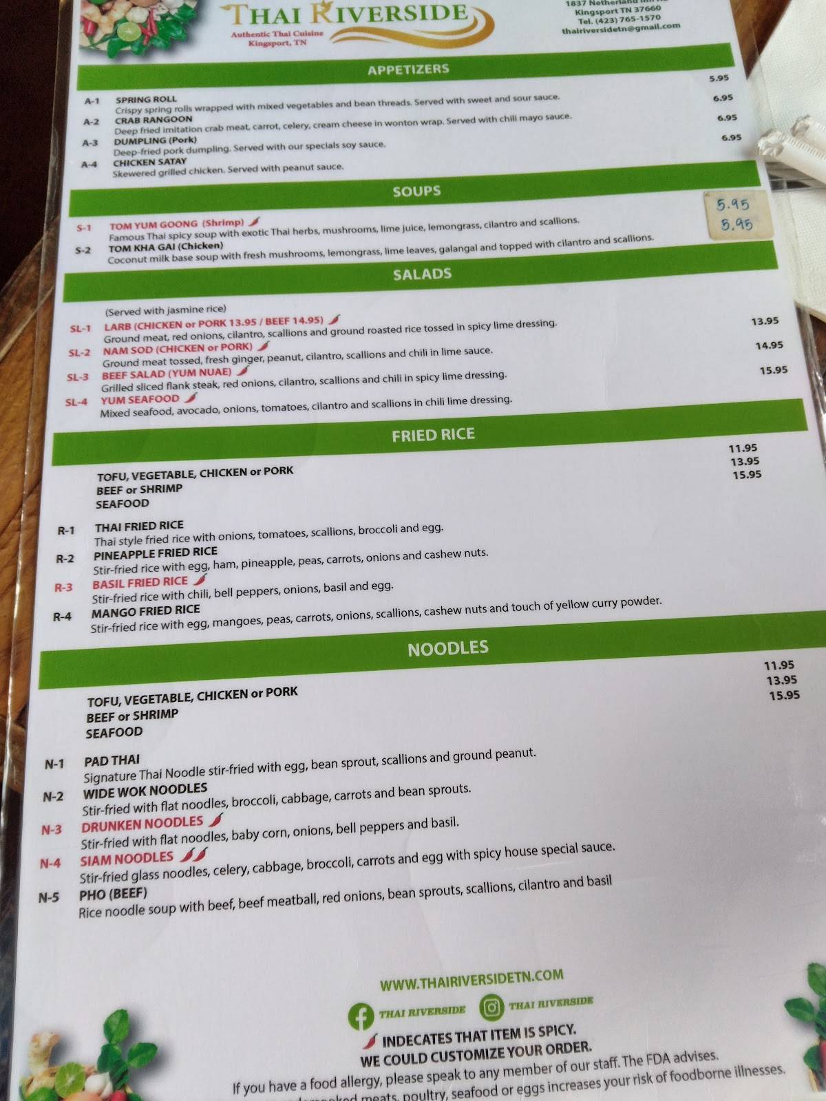 Menu at Thai Riverside restaurant, Kingsport
