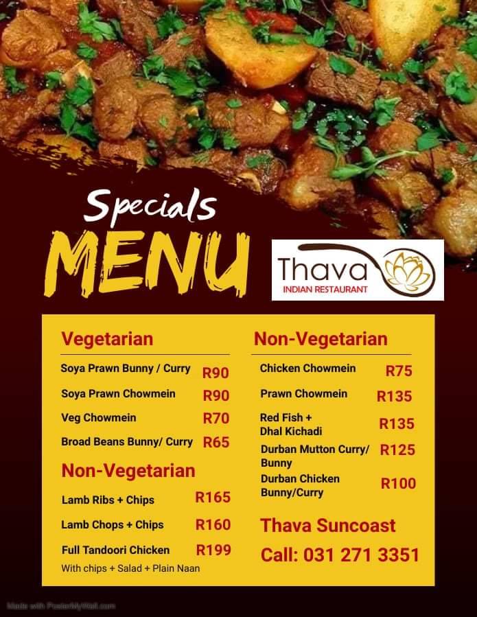 Menu at Thava Suncoast restaurant, Durban